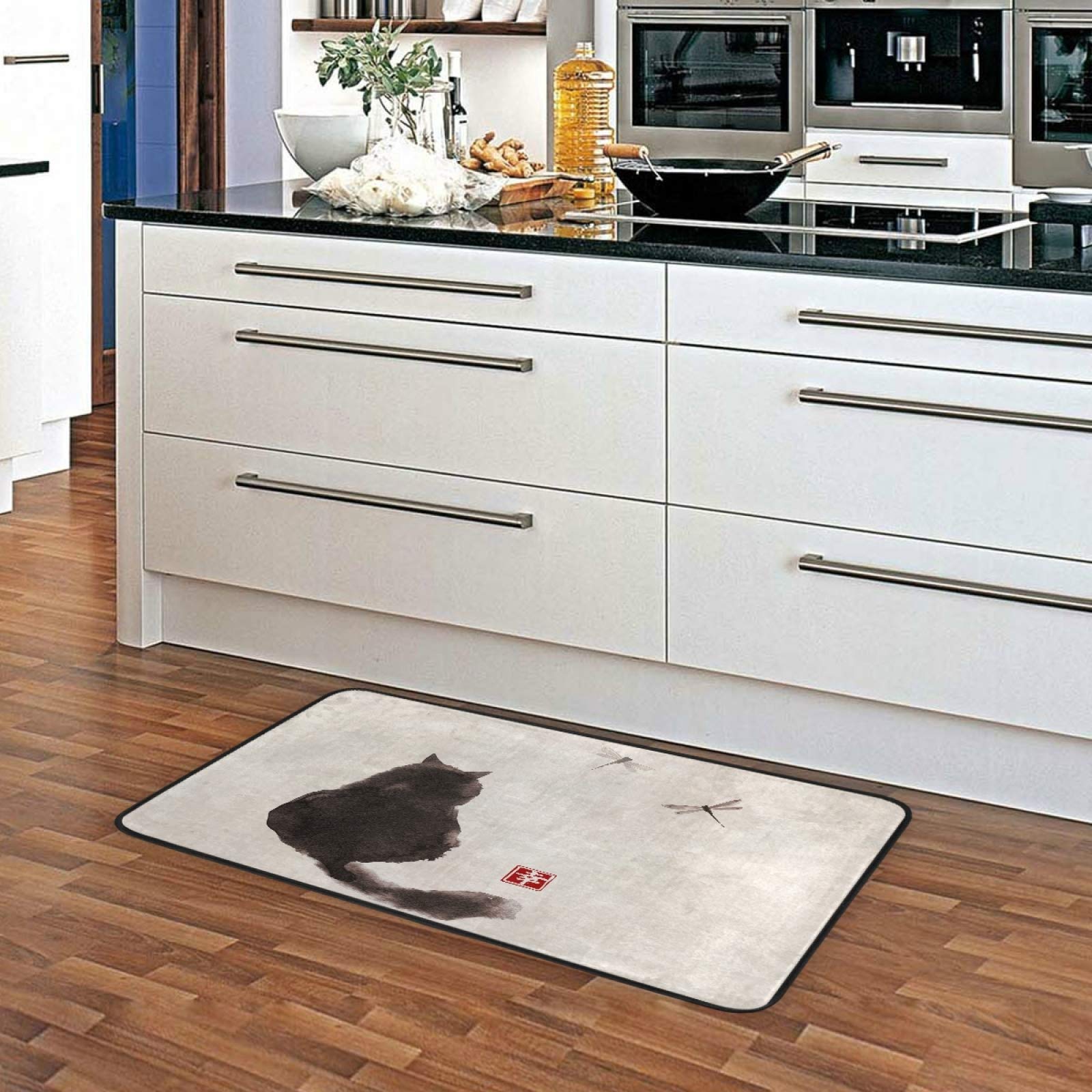 Retro Black Fluffy Cat Dragonfly Kitchen Floor Mat Bath Runner Rug Non Slip Area Mat Rug Absorbent Comfort Standing Mat Carpet for Indoor Outdoor Doormat 39 x 20 Inch