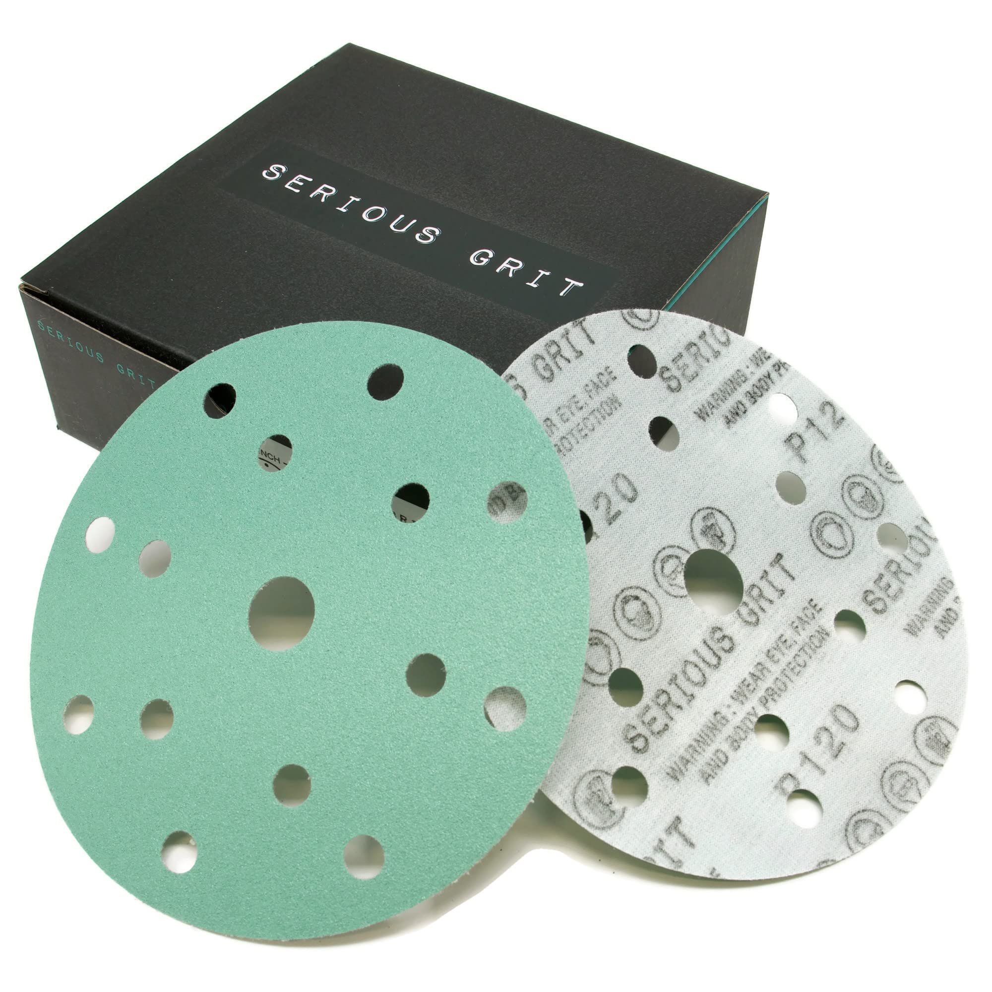 Serious Grit - 6-Inch 15-Hole 120 Grit Sanding Discs - Heavy-Duty Hook & Loop Film Discs - Sandpaper for Random Orbital Sanders - 50 Pack Box