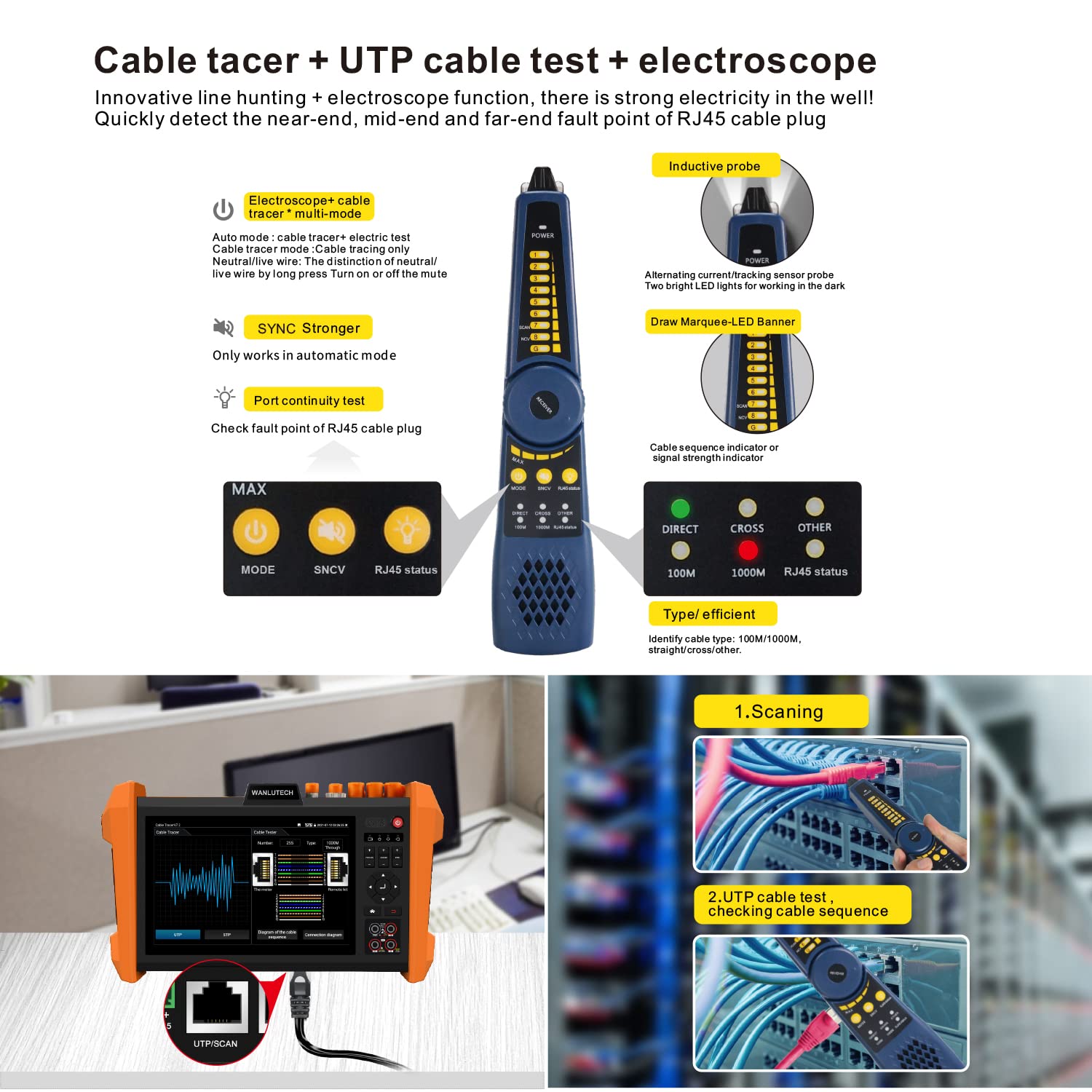 WANLUTECH CCTV Tester, Upgraded 8K IPC Tester SFP Optical Module Port Support 8MP AHD/CVI/TVI/SDI/CVBS Test Feature OPM/VFL/DMM/HDMI in/VGA in/TDR Breakpoint Test (K15-CLMOVTADHSEFG)