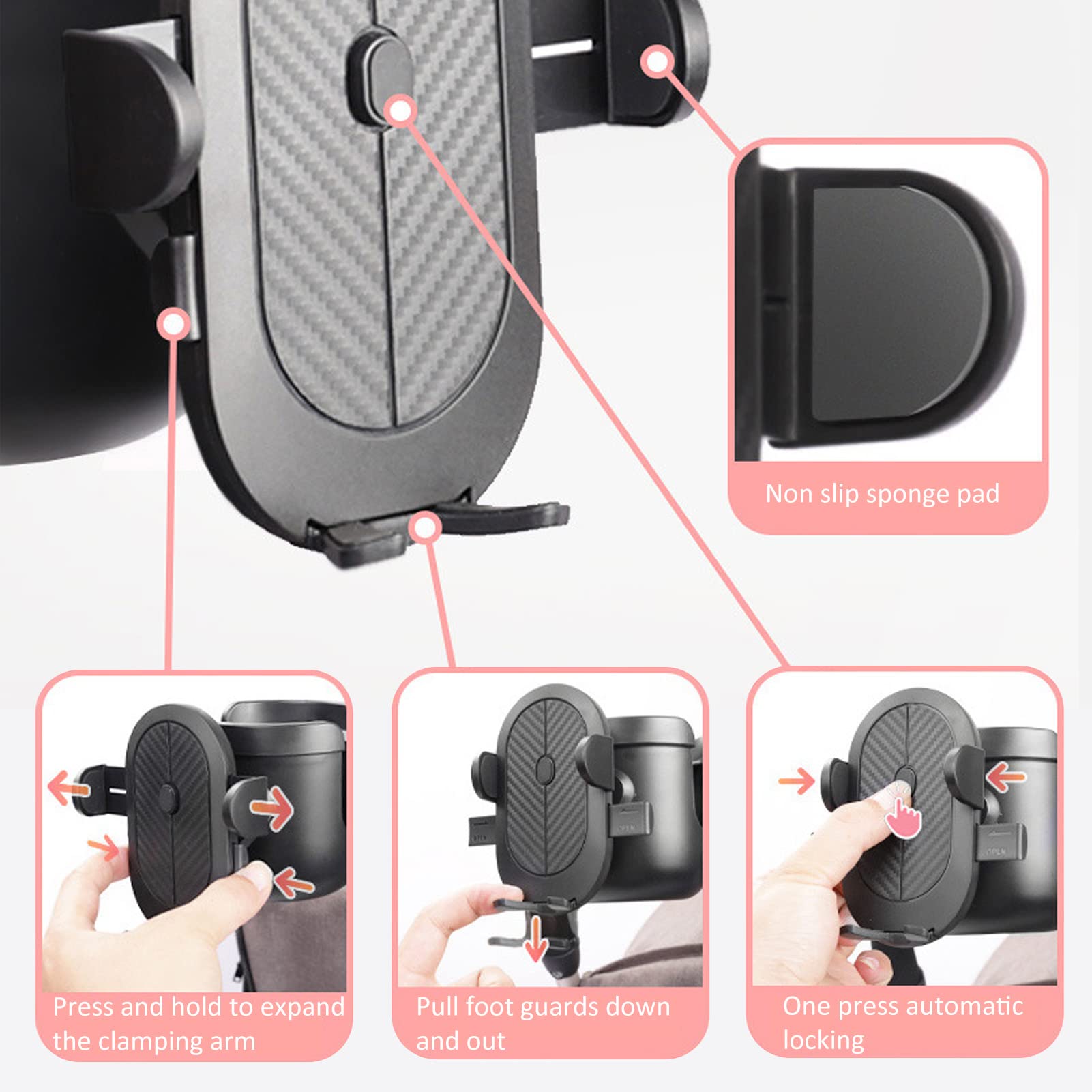 Stroller Cup Holder, Universal Drinks Holder with Phone Mount, 360 Degrees Rotation, Bike Cup Holder for Stroller, Wheelchair, Walker, Scooter, Cup Holder for Stroller
