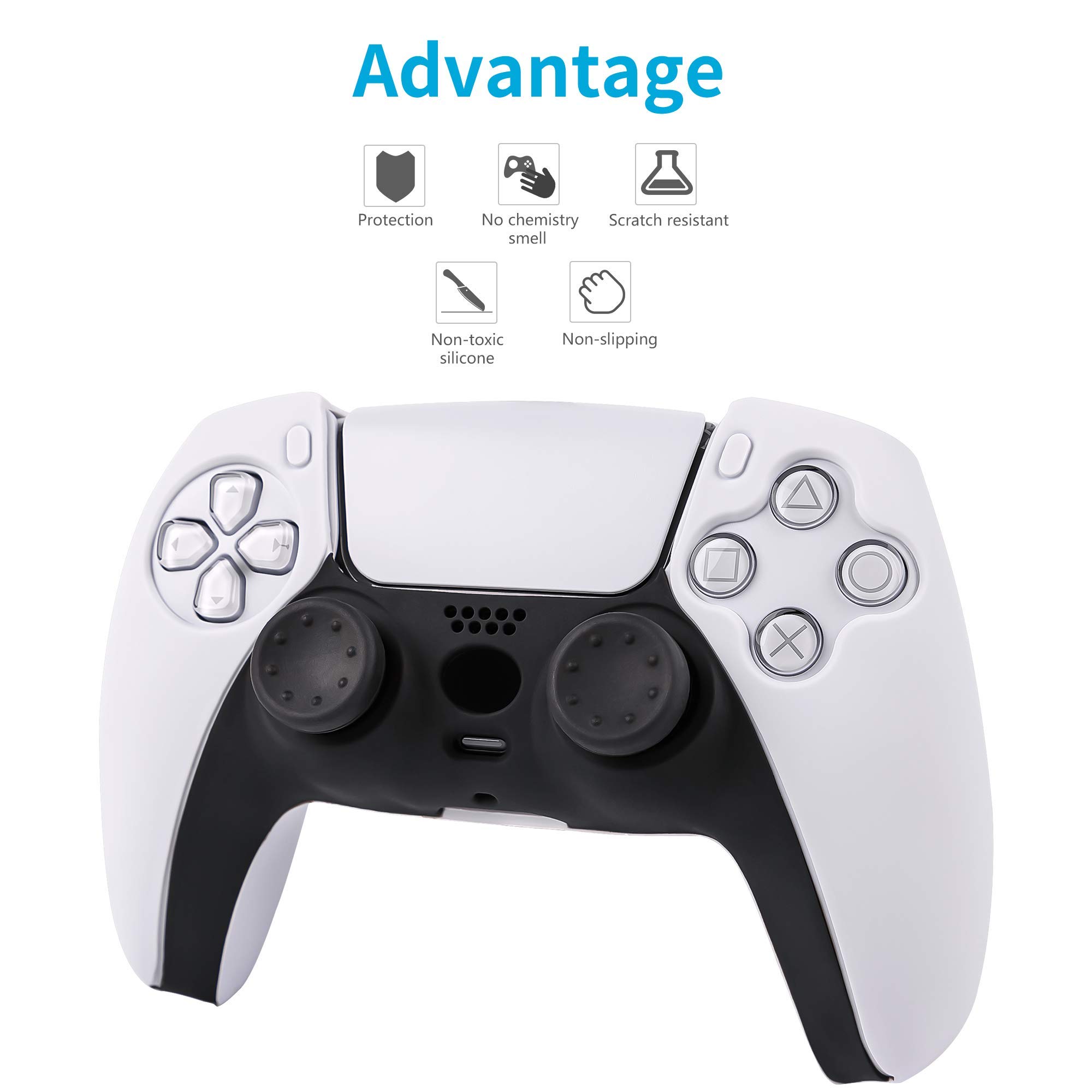 PS5 Controller Grip Cover, CHIN FAI Anti-Slip Silicone Skin Protective Cover Case for PlayStation 5 DualSense Wireless Controller with 6 Thumb Grip Caps (New White)