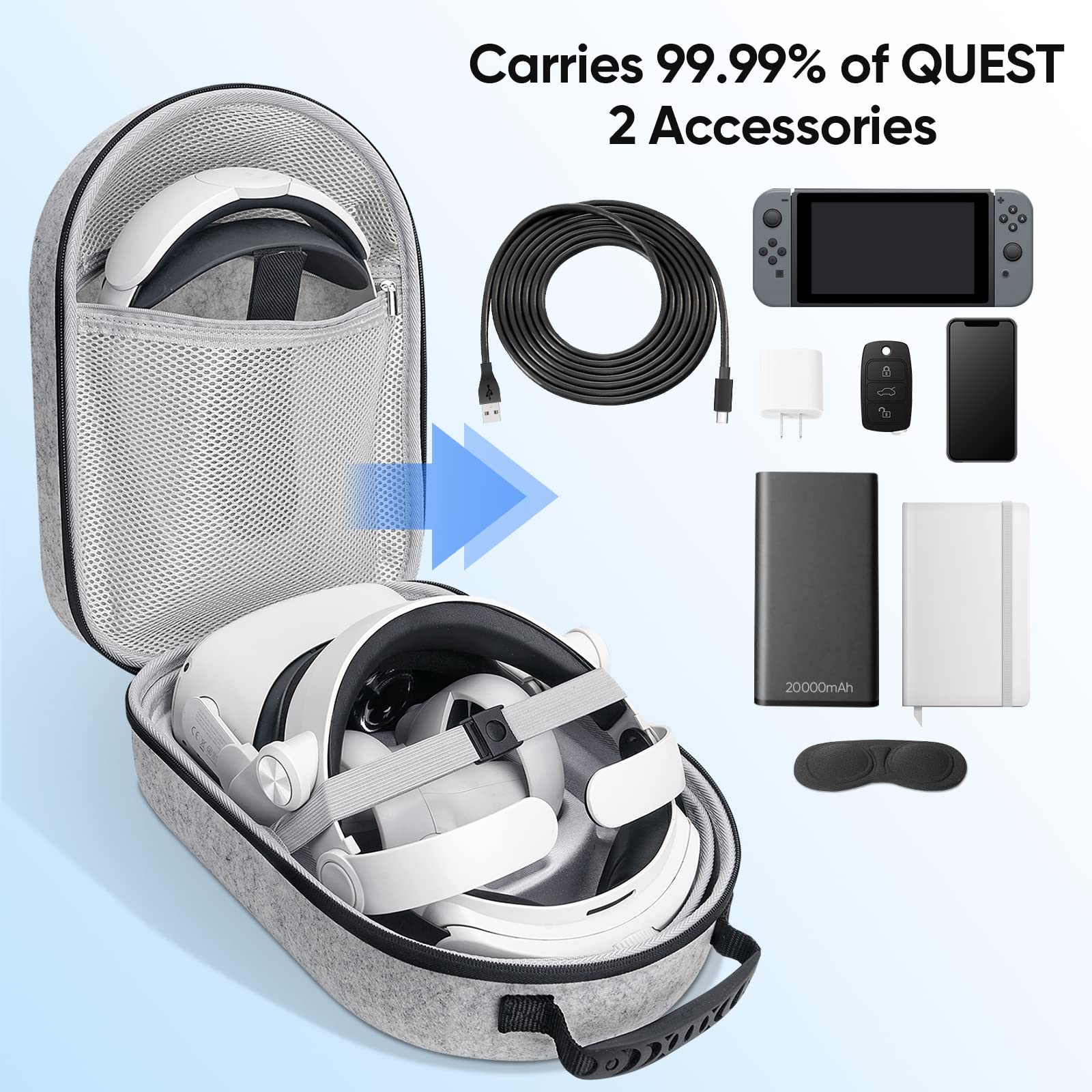 SARLAR Head Strap Accessories Compatible with Meta Quest 2, Elite Strap with Hard Carrying Case and Lens Protector for Enhanced Support and Comfort in VR