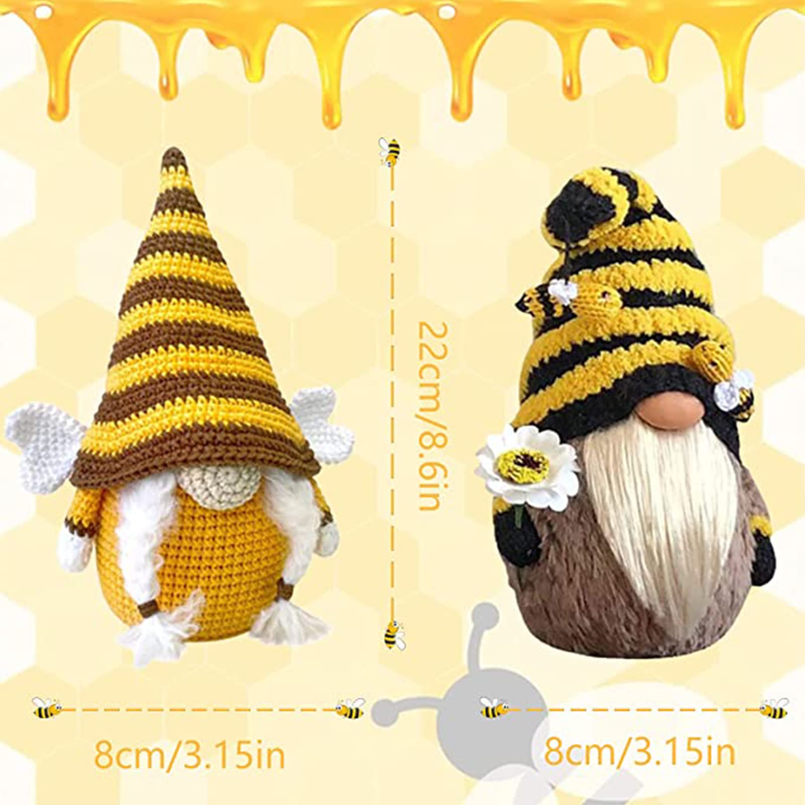 Sadaunbe 2 Pack Spring Summer Gnomes Plush Handmade Swedish Tomte Decorations Honey Bumble Bee Dwarf Figurine Elf Stuffed Doll Gift for Home Office Farmhouse Decor