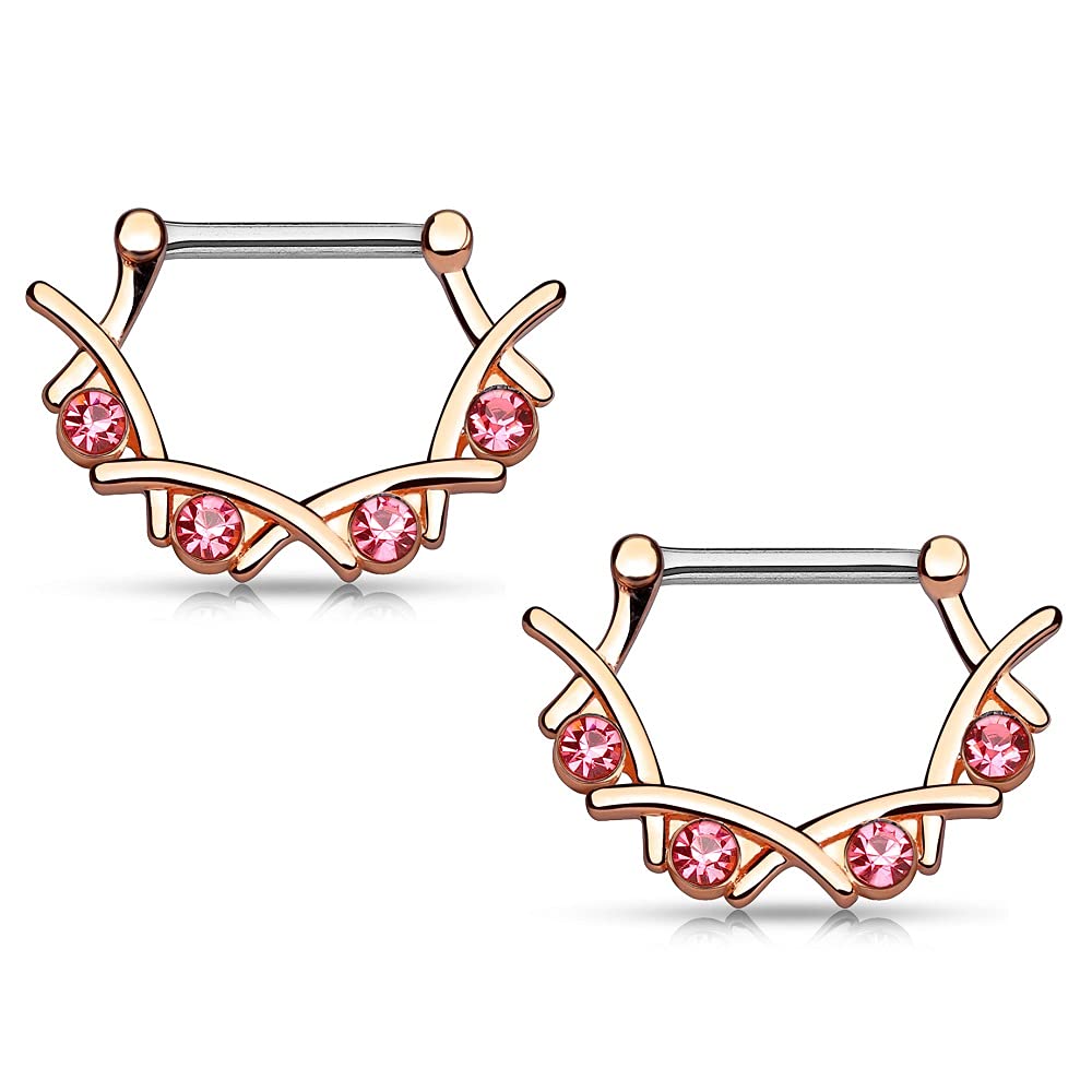 Pierced Owl 14GA Stainless Steel Crystal Set Filigree Nipple Clicker Rings, Sold as a Pair (Rose Gold Tone/Pink)