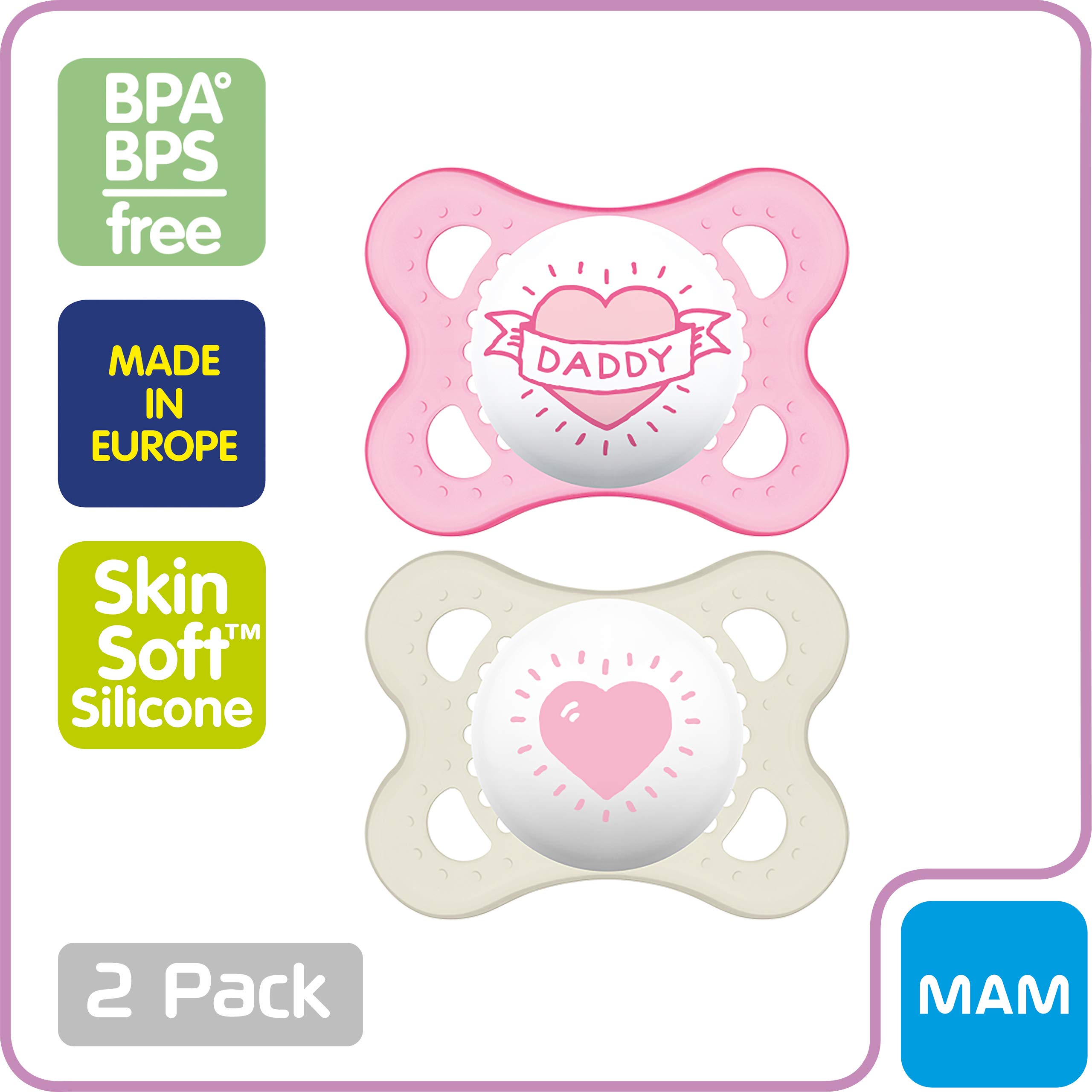MAM Original Baby Pacifier, Nipple Shape Helps Promote Healthy Oral Development, Sterilizer Case, Love & Affection/Girl, 0-6 Months (Pack of 2)