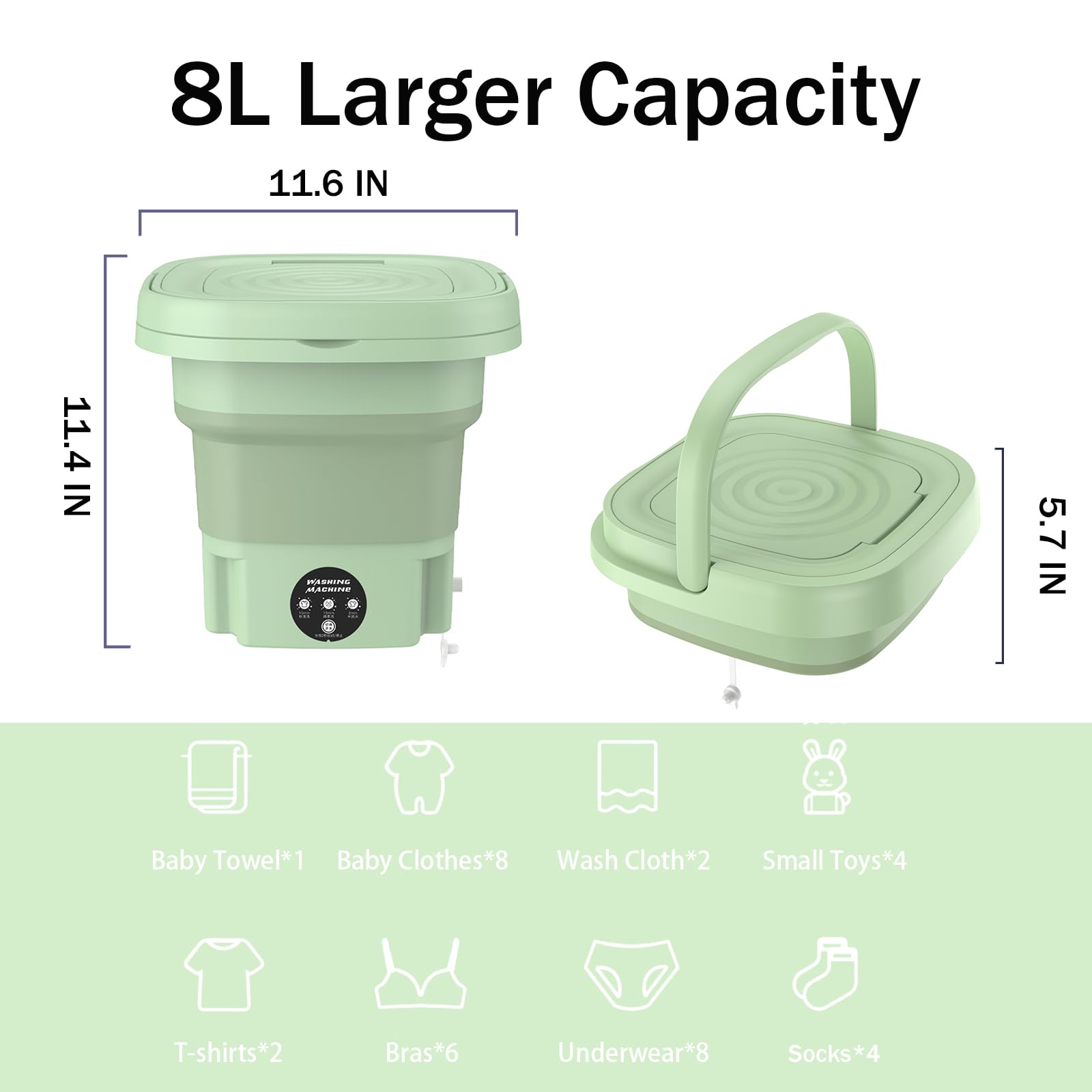Oivley Portable Washing Machine Foldable, Small Washing Machine with 3 Modes Deep Cleaning, Mini Washer for Baby Clothes, Underwear or Small Items, Apartment, Dorm, Camping, RV, Travel, Laundry-Green