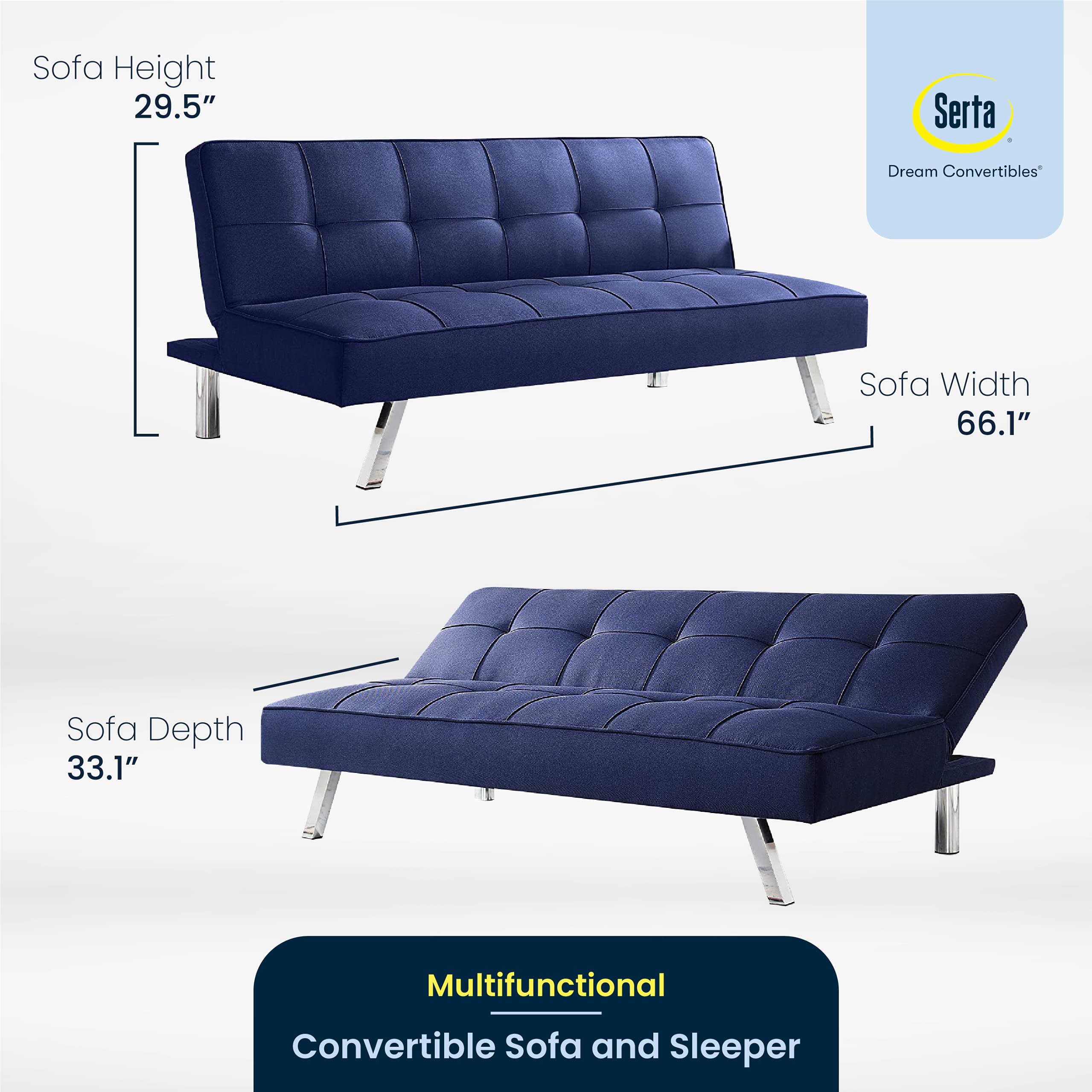 Serta Rane Futon, 66.1" W x 33.1" D x 29.5" H, Java & Rane Futon, 66.1" W x 33.1" D x 29.5" H, Navy Blue