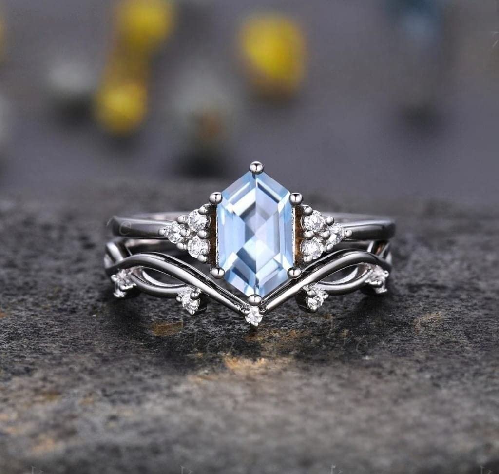 Retro hexagon Aquamarine Ring,Vintage Sterling Silver Ring Set,Unique Aquamarine Engagement Ring,Promise Ring,Anniversary Ring Gift For Her (ROSE GOLD, 6)