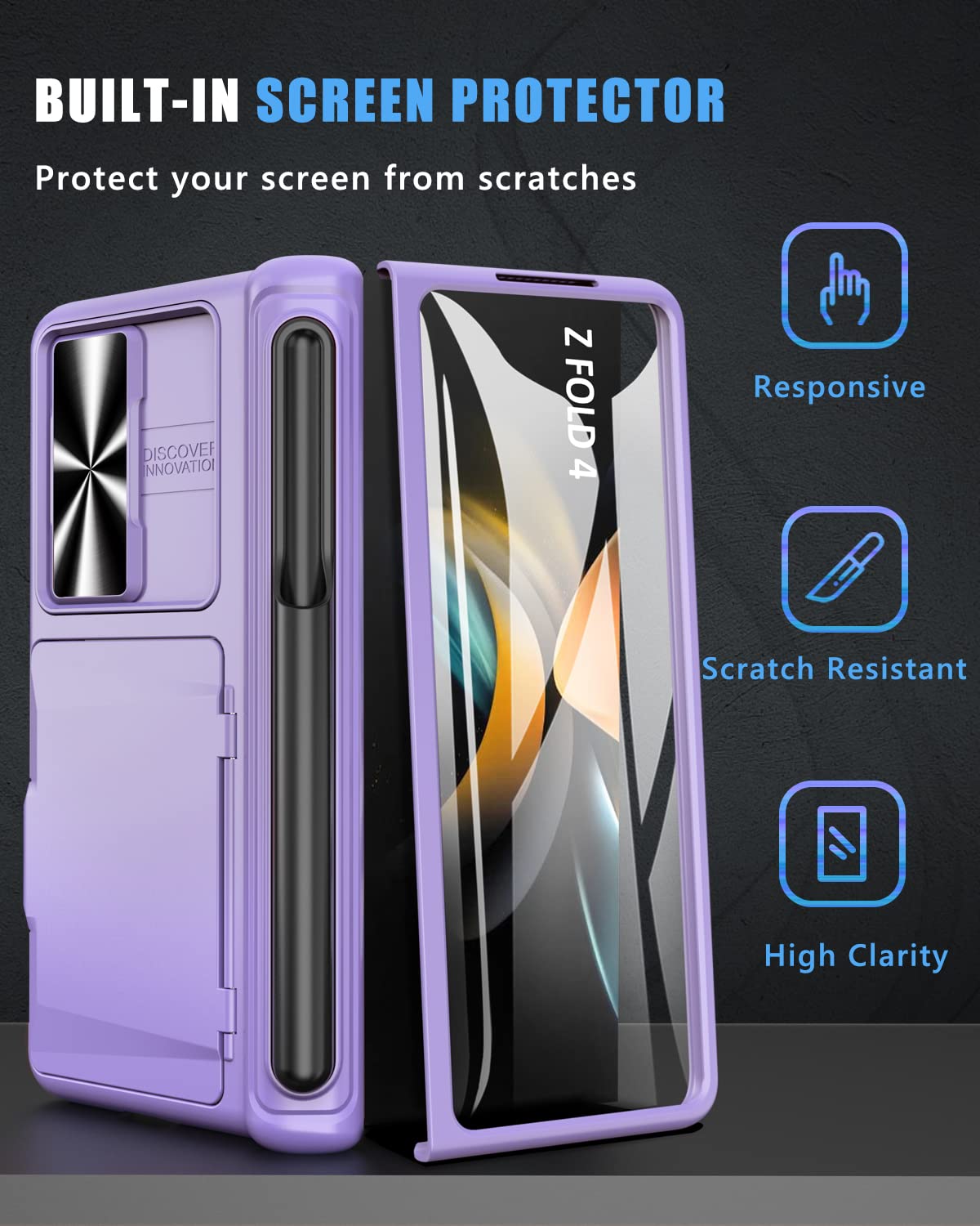 Vihibii for Galaxy Z Fold 4 Case with Card Holder & Sliding Camera Cover, S Pen Holder & Screen Protector & Magnetic Hinge Protection & Kickstand, Hard PC Phone Case for Samsung Z Fold 4 (Purple)