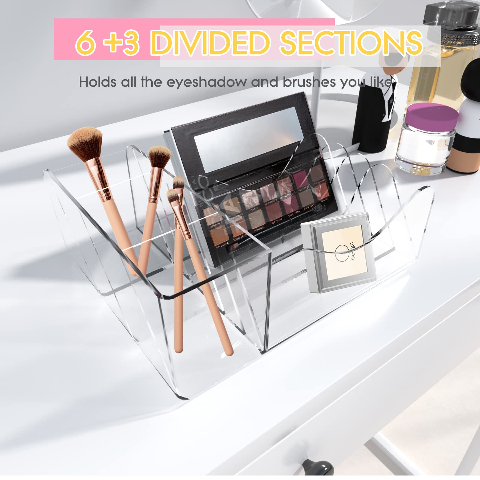 WAOMIN Clear Makeup Brush Holder Organizer, 4-Section Divided Eyeshadow Palette Organizer (Plastic)