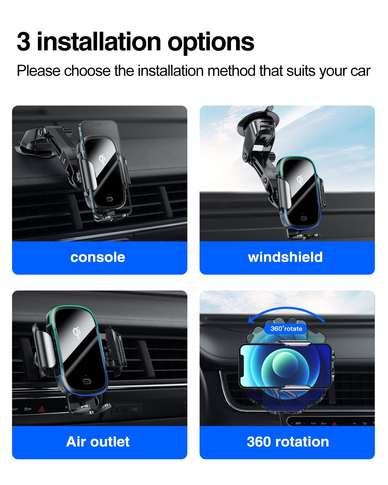 Wireless Car Charger, 15W Qi Fast Wireless Charging Auto Clamping Phone Mount Windshield Dashboard Air Vent Phone Holder for iPhone 13/12/11/X/8 Series Samsung S20/S10/S9/S8/Note 10/Note 9/Note 8
