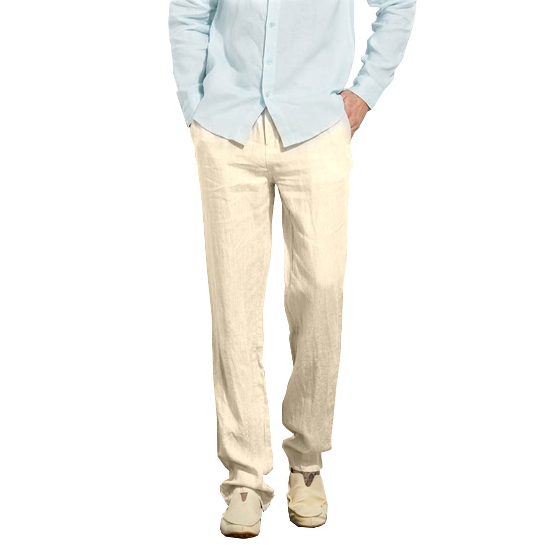 Manwan walk Men’s Casual Beach Trousers Elastic Loose Fit Lightweight Linen Summer Pants K70 (Large, Beige)