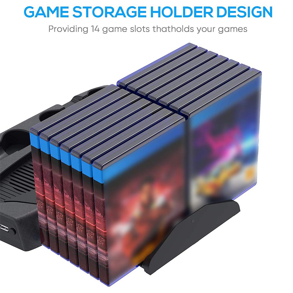 PS5 Vertical Stand Cooling Fan, Dual Controllers Charging Station, 14 Slots Game Storage and 3 Port USB Hub. The All-in-One Stand for Your PS5