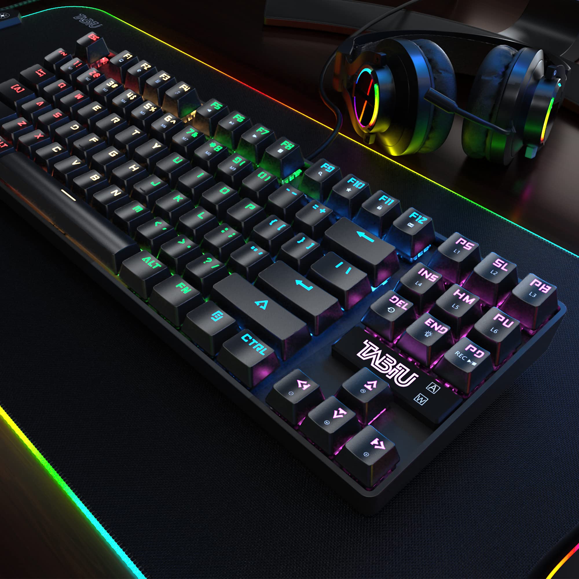 TNBIU Gaming Keyboard - RGB LED Keyboard with 104 Key Computer PC Gaming Keyboard, RGB Backlit Gaming Keyboard with Multimedia Keys Wrist Rest for PC Gamers(Black)