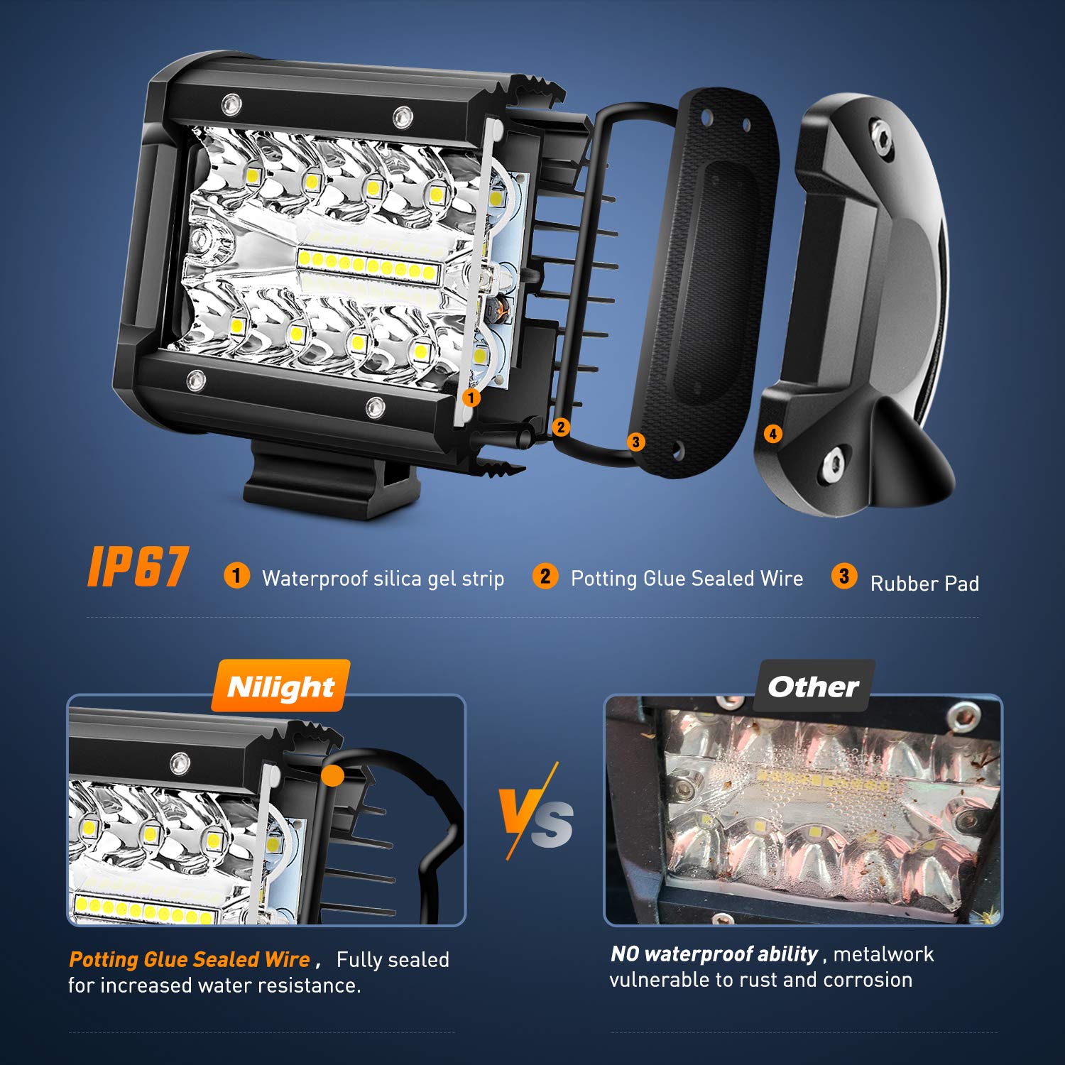 Nilight - ZH416 4PCS 4Inch 60W Triple Row Flood Spot Combo 6000LM LED Pods Light Bar Driving Boat Led Off Road Lights with 16AWG Wiring Harness-4 Leads