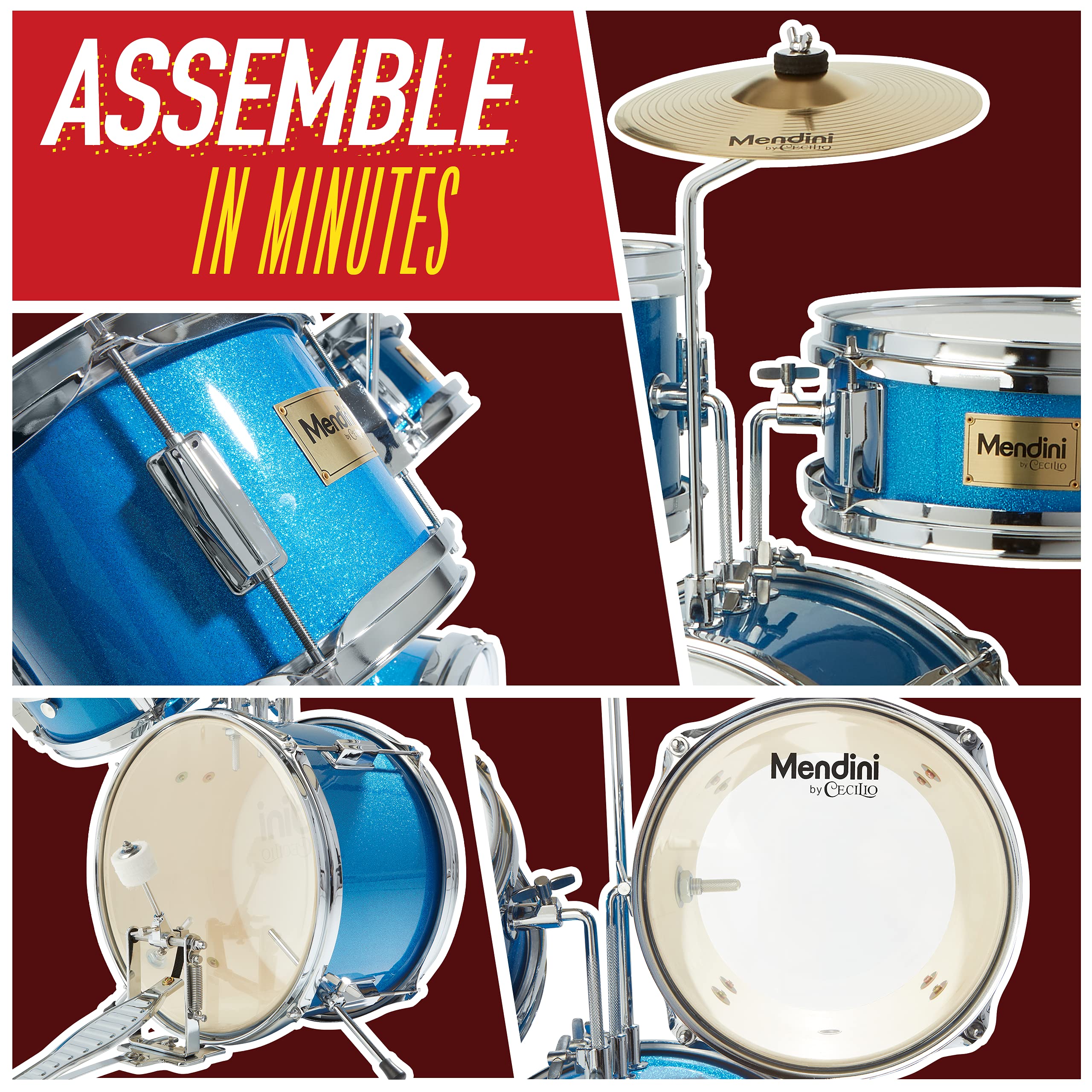 Mendini by Cecilio 13 inch 3-Piece Kids/Junior Drum Set with Throne, Cymbal, Pedal & Drumsticks, Metallic Black, MJDS-1-BK