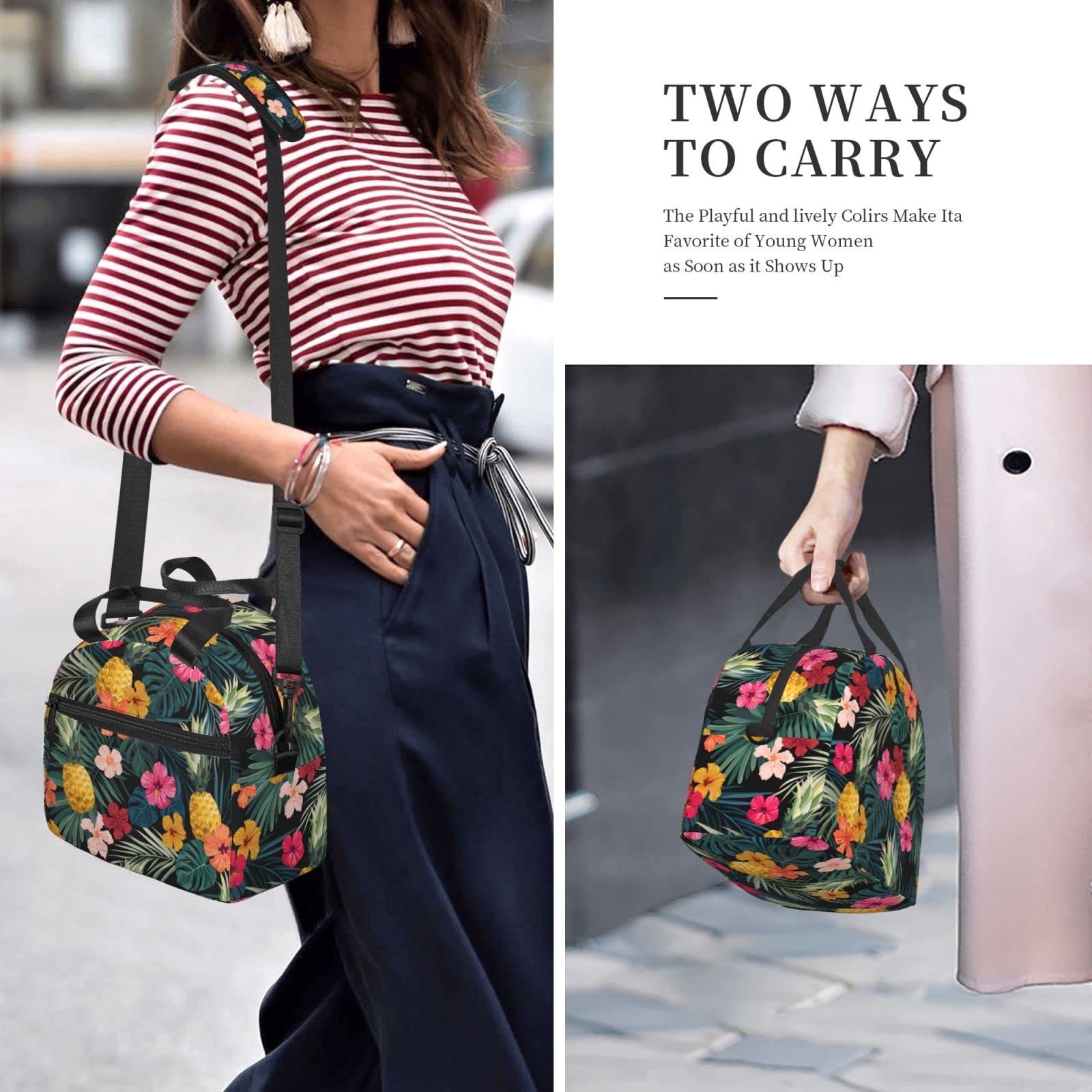 Palm Leaves Hibiscus Flowers Lunch Bag Tropical Pineapples Fruit Reusable Insulated Lunch Tote Bag Lunchbox Container With Adjustable Shoulder Strap For Office Work School Picnic Travel