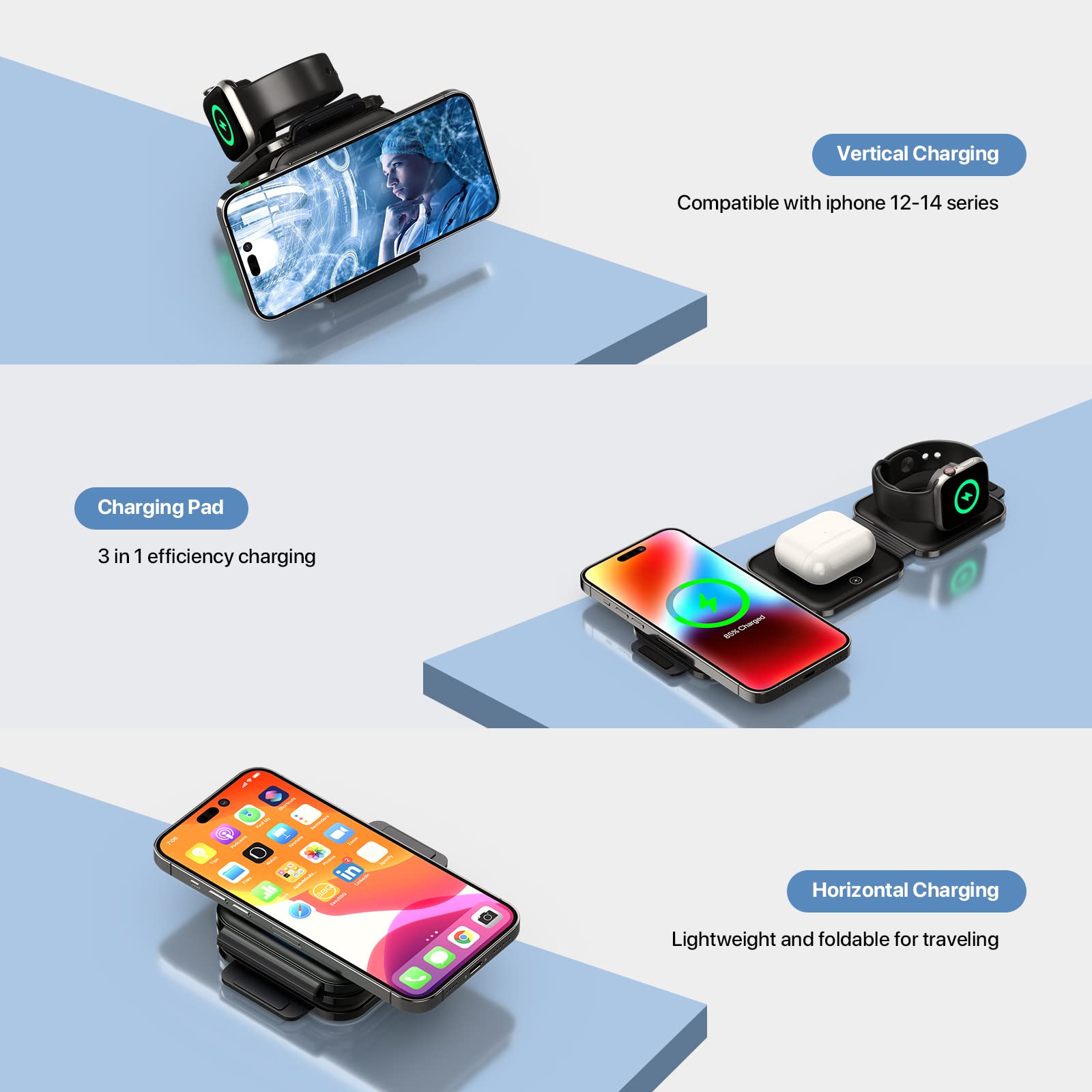 Wireless Charging Station,Foldable 3 in 1 Travel Wireless Charger,Fast Mag-Safe Charger for iPhone 14/13/12,AirPods 2/3/Pro,for Apple Watch(with Adapter)