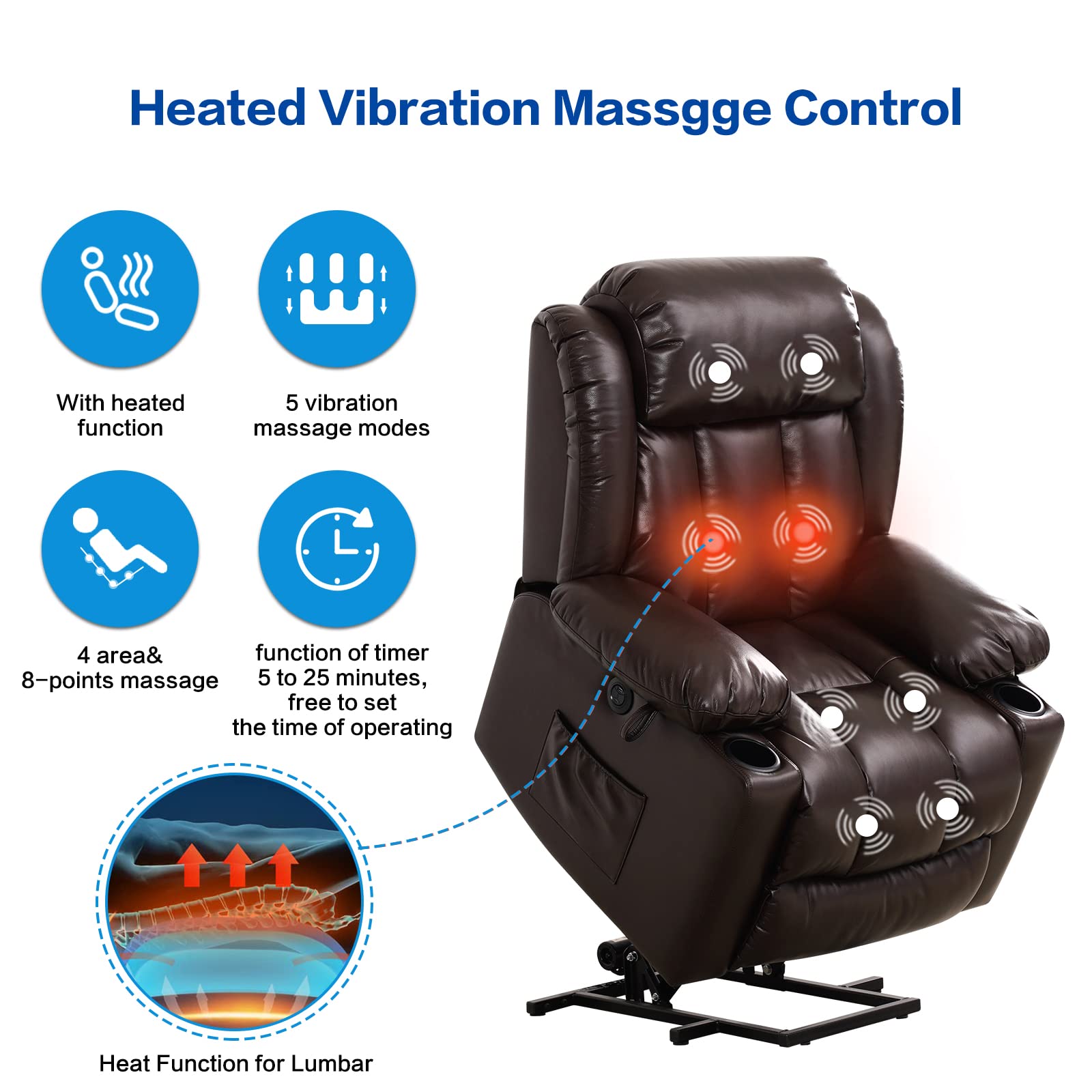 MAEVIS Lift Chair Recliner with Massage and Heating for Elderly and Adults,Breathable Leather Recliner chairs for Living Room,2 Cup Holders (Brown)