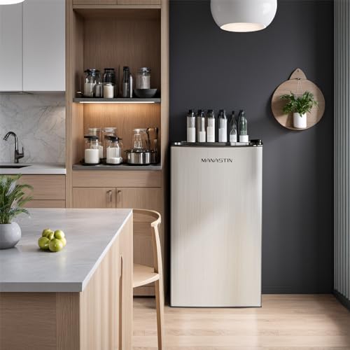 Manastin 3.2 Cu. Ft Mini Fridge with Freezer for Bedroom, Dorm, Office, Compact Refrigerator with Adjustable Thermostat, Removable Glass Shelves and Reversible Door (Silver)