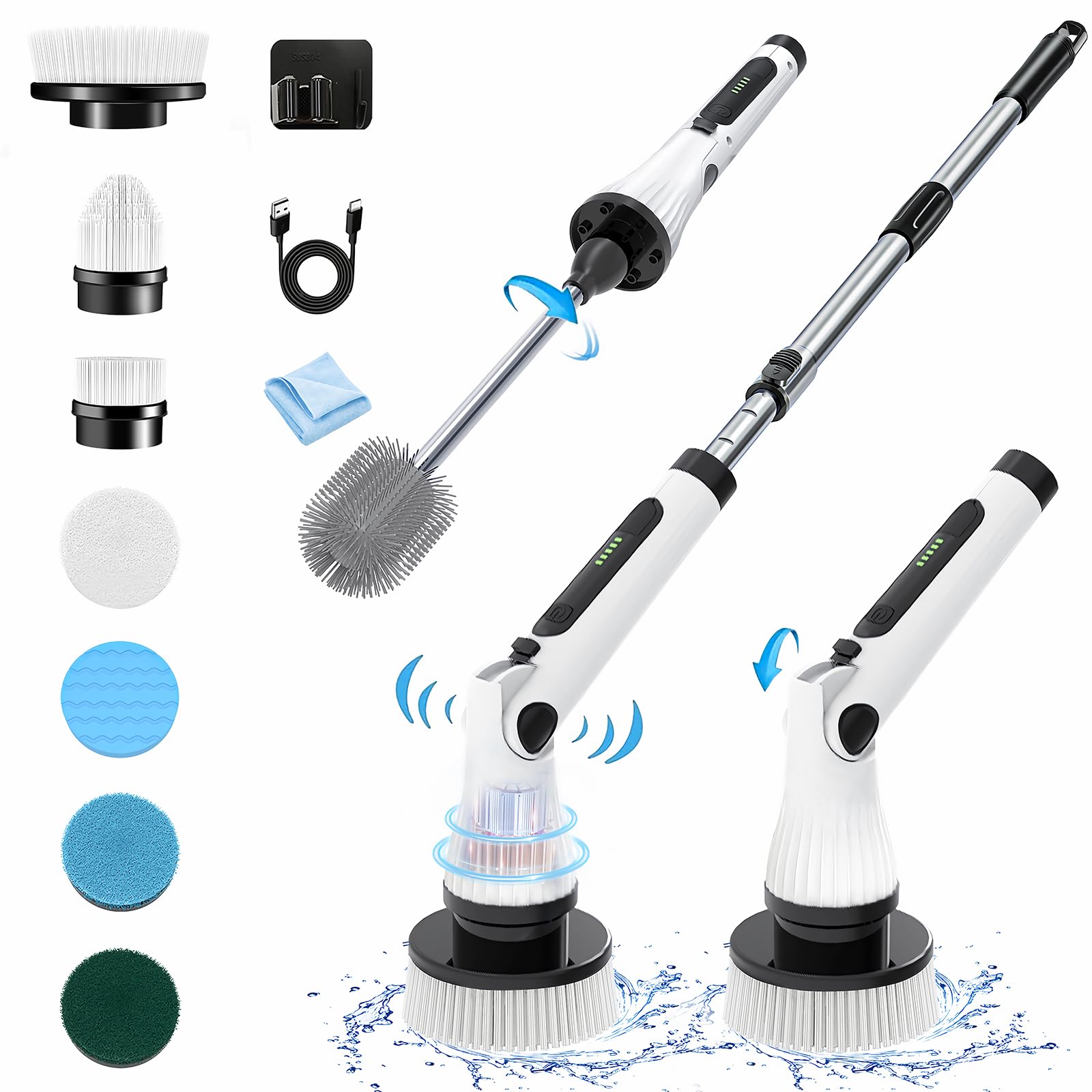 LOSUY Electric Spin Scrubber, 2024 New Cordless Cleaning Brush with 8 Replaceable Brush Heads, 2 Adjustable Speeds and 3 Extension Handle, Power Shower Scrubber for Bathroom, Floor, Tile, Tub