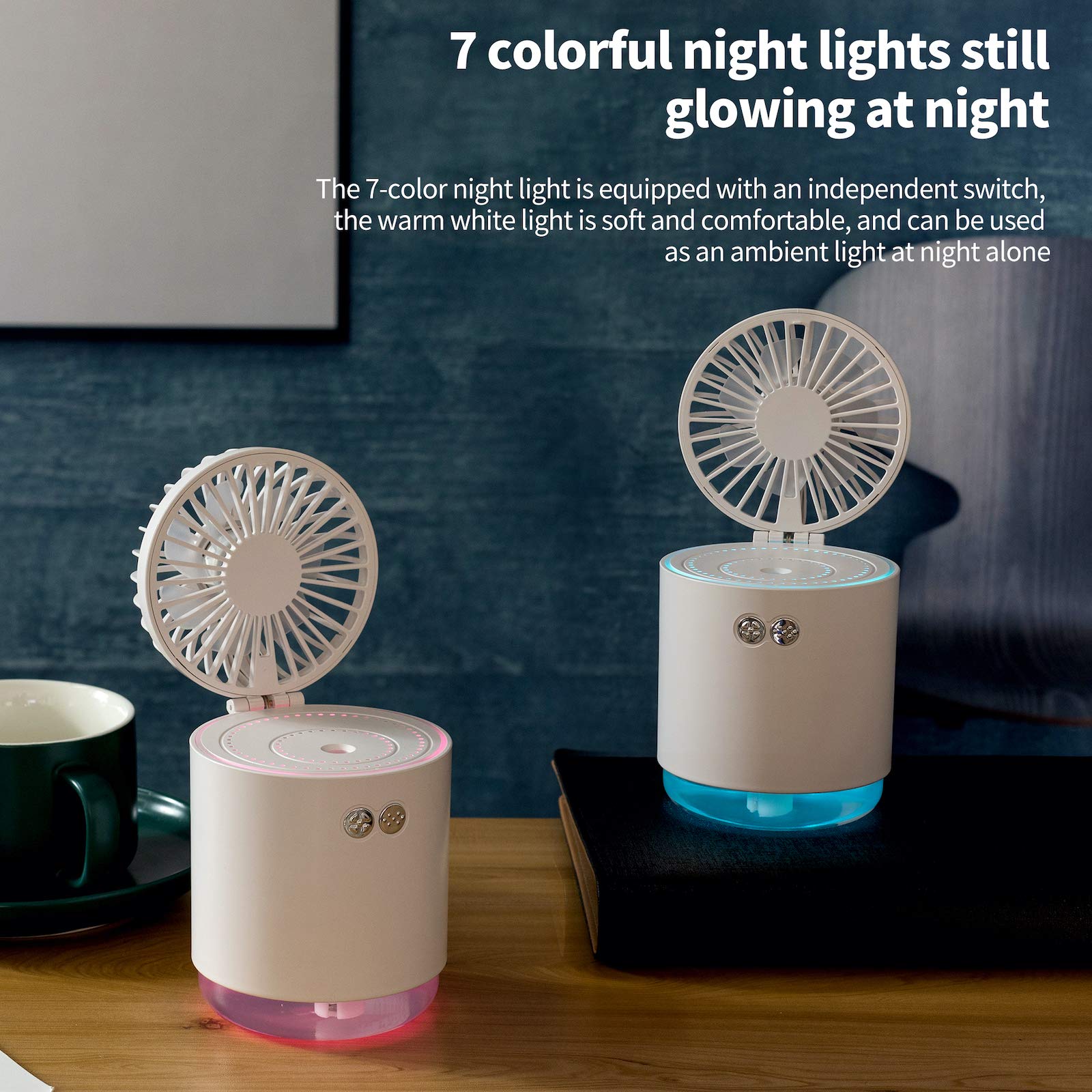 Mini Humidifier with Fan, Battery Operated Small Humidifier, USB Rechargeable, 2 Mist Mode 7 LED Light Portable Humidifier for Bedroom, Office, Travel,Car