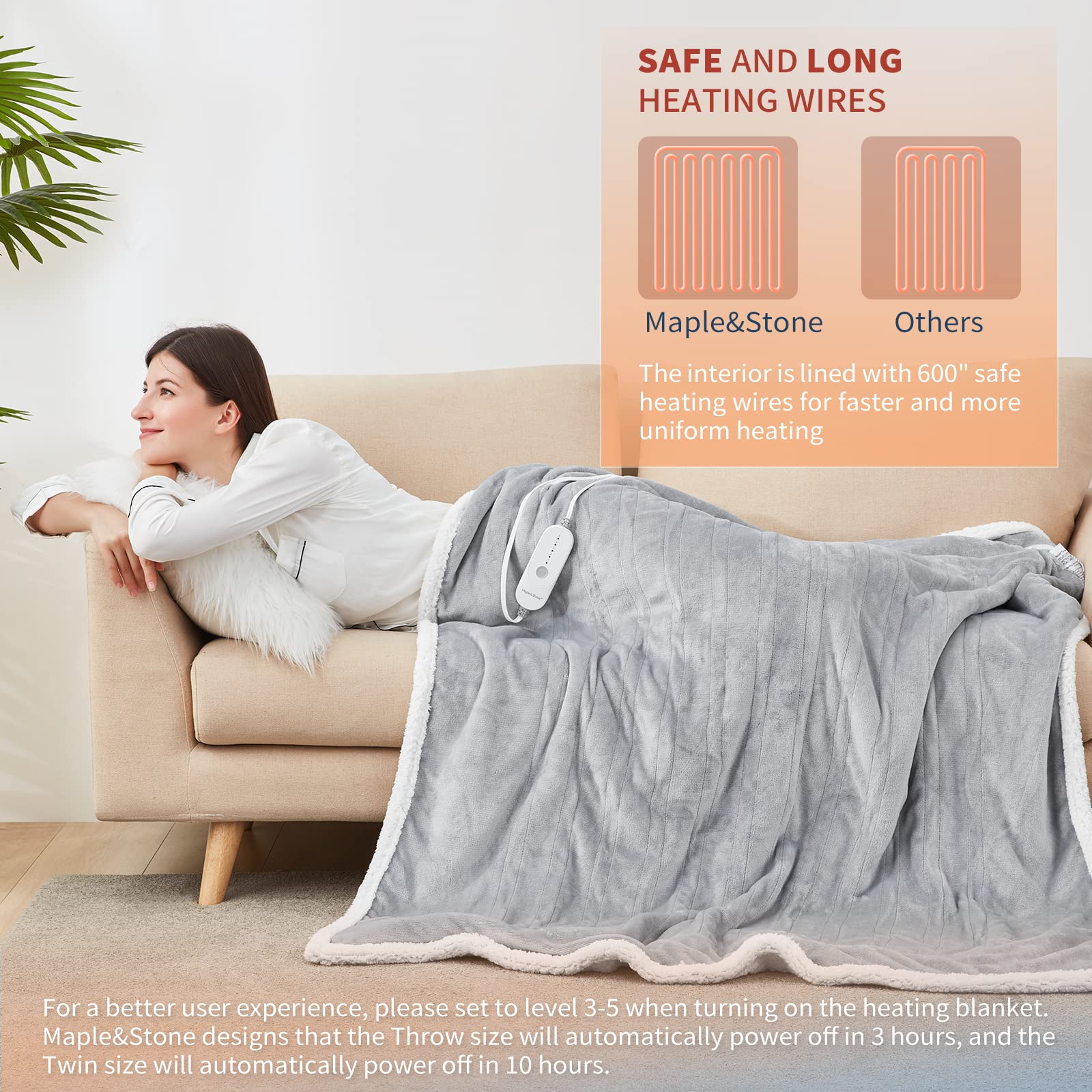 Maple&Stone Heated Blanket Electric Queen Flannel Sherpa Fast Heating Electric Blanket,5 Heat Settings Heating Blanket & 10 Hours Auto-Off Timing Settings (84 x 90 inches，Pink)
