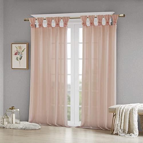 Madison Park Rosette Floral Embellished Cuff Tab Top Solid Single Window Treatments Curtain Panel Drape for Bedroom Living Room and Dorm, 50"x63", Blush