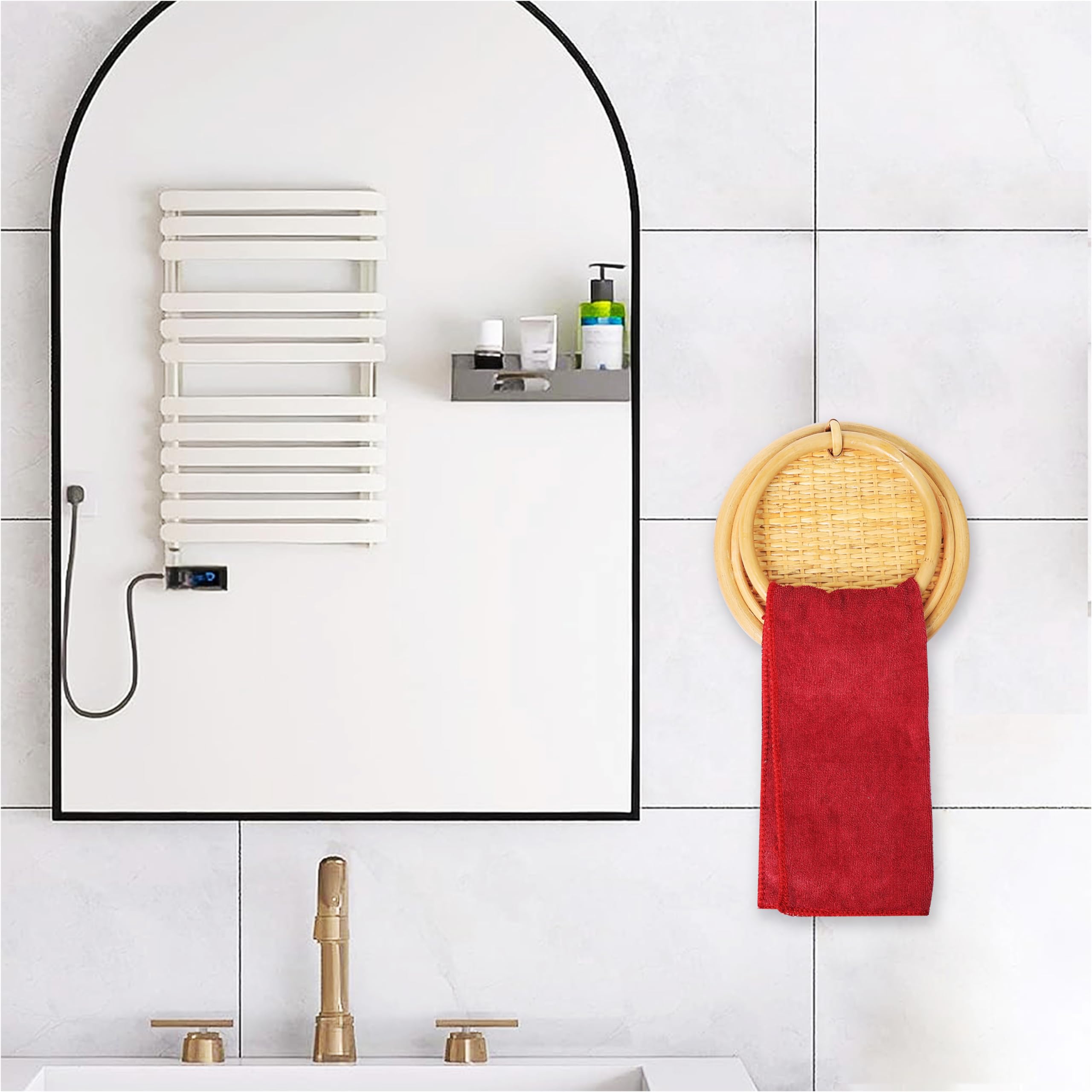 KUTORKILL Rattan Hand Towel Holder for Bathroom and Kitchen Wall - Modern Round Hand Towel Hanger Decorative - Boho Adhesive Hand Towel Ring for Bathroom Decor