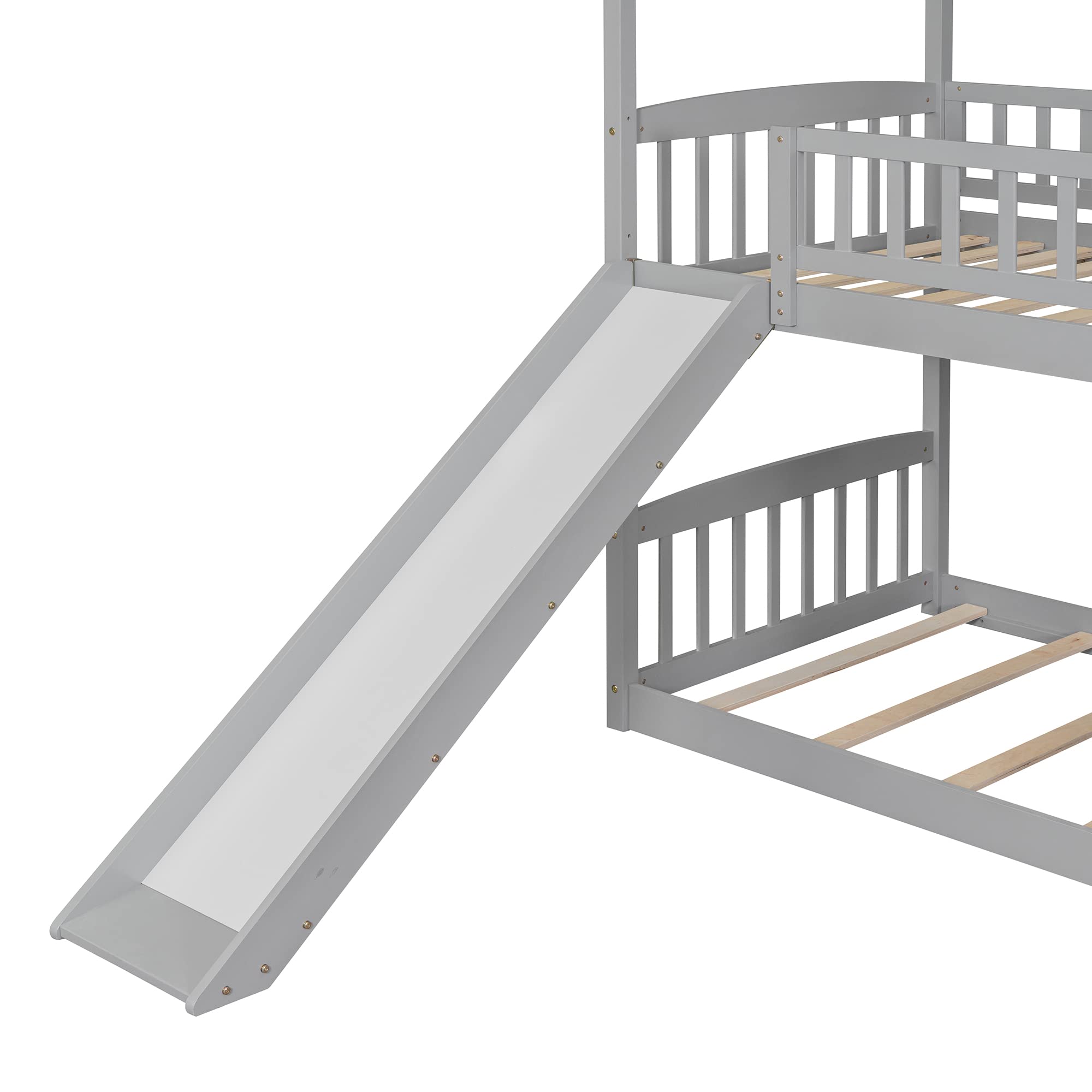 LostCat Full over Full Bunk Bed with Convertible Slide and Ladder,Solid Pinewood Frame, Low Bunk Bed w/Safety Guardrails,Suitable for Kids/Teen,No Box Spring Needed,Grey