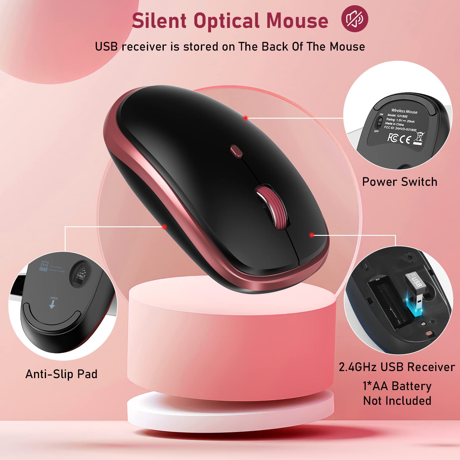 Wireless Keyboard and Mouse, Super Slim Keyboard with Responsive Keys, Silent Mouse and 2.4GHz USB Receiver, Battery Powered Full Size Cordless Combo for Mac, Computer, PC, Chromebook (Wine Red)