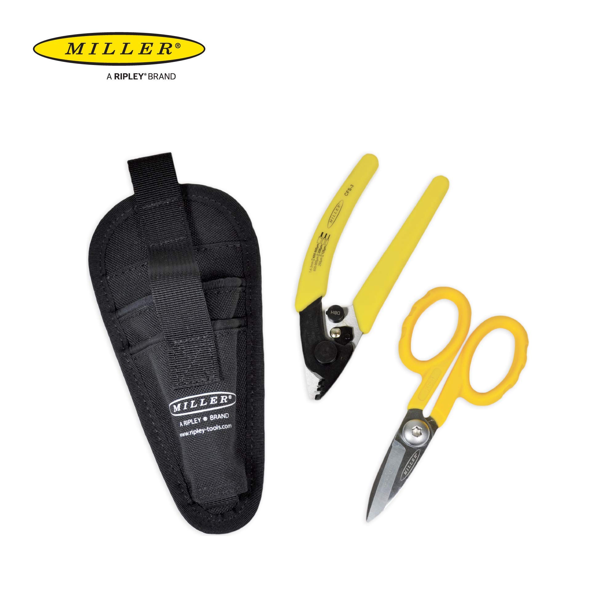 Miller MA01-7001 Kit, CFS-3 3-Hole Fiber Optic Cable Stripping Tool and KS-1 Kevlar Scissors, Easily Portable Tool Set with Belt Clip Pouch for Professional Electricians, Technicians, and Installers
