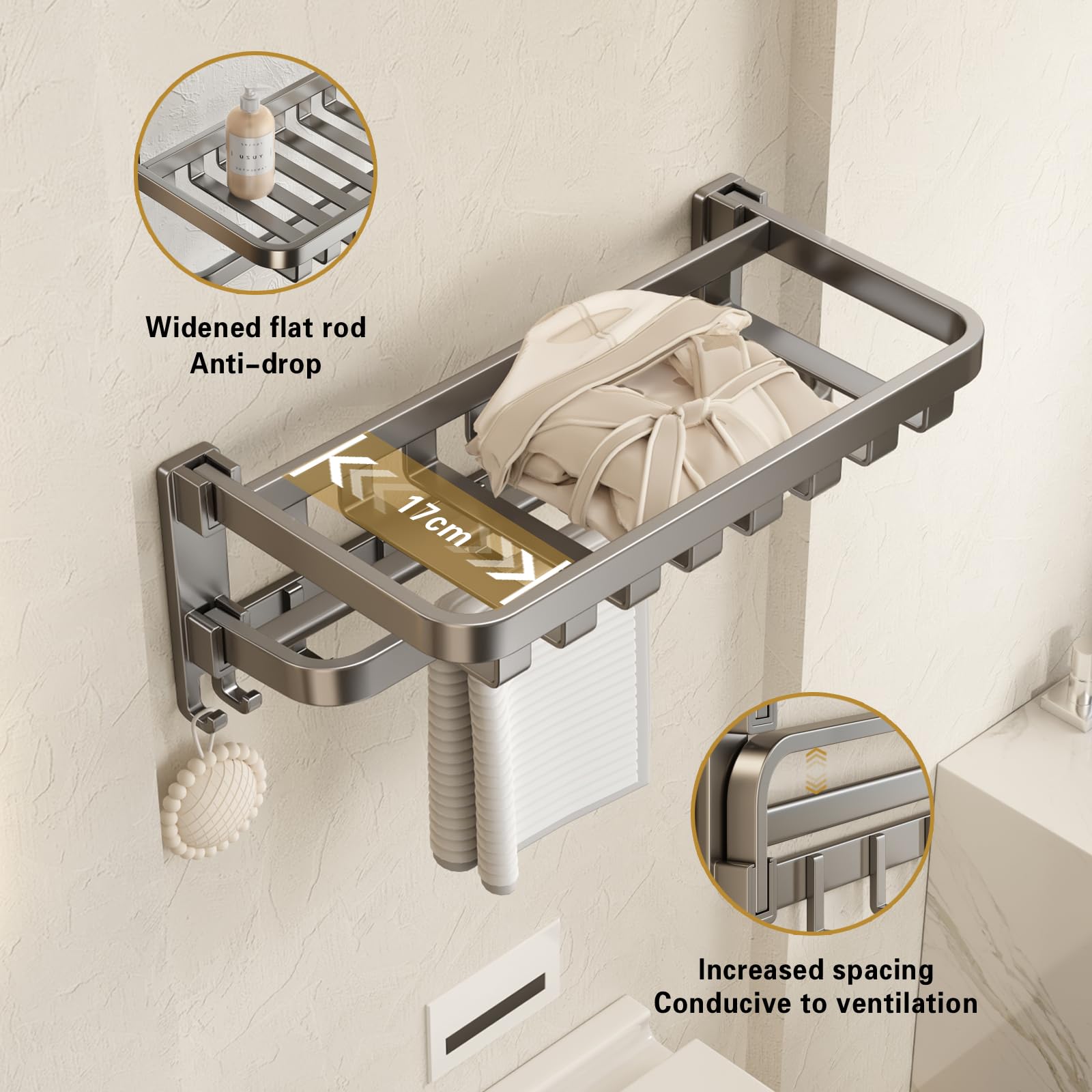 VOLPONE Bathroom Towel Rack with Double Towel Bar Foldable Towel Shelf Wall Mounted Towel Storage with Hooks No Assembly Required 24 in Grey