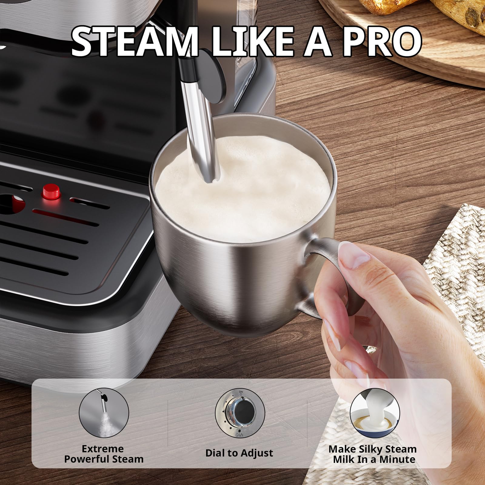 Maestri House Espresso Machine, Espresso Coffee Maker with Milk Frother Steam Wand, Barista Espresso Coffee Machine with Digital Touch Panel for Cappuccino Latte