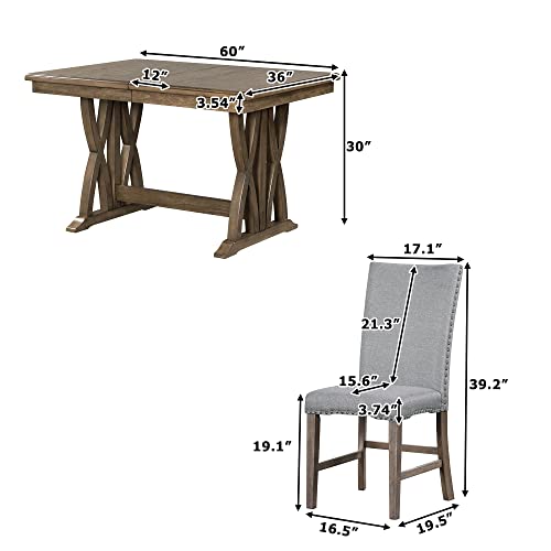 LUMISOL 7 Piece Dining Table Set Mid Century Style Extendable Kitchen Dining Set for 6-8 Persons with 12" Leaf Solid Wood Dining Table Set with 6 Chairs, Golden Brown