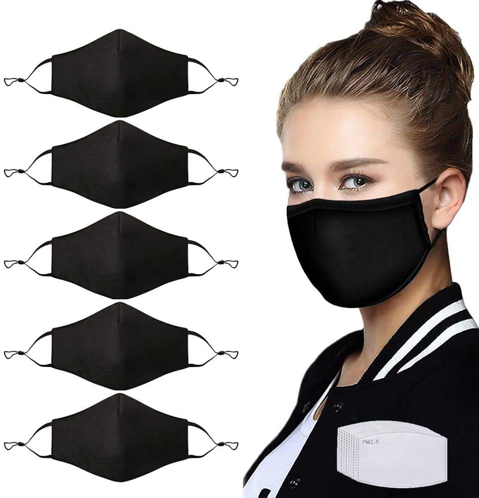 NBDIB 5 Pcs Adult Unisex Reusable Washable Adjustable Face Protection with Filter Pocket and Nose Wire Black Breathable Cotton Dust Cloth Mask with 10Pcs Replacement Carbon Filters for Man and Women