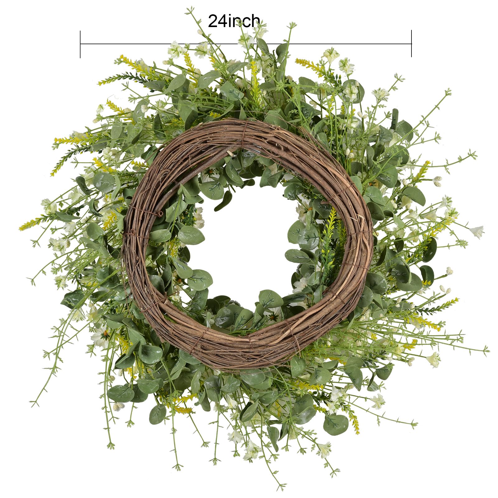 LSKYTOP 24 Inches Artificial Daisy Flower Wreath with Eucalyptus Leave Silk Flower White Berries Spring Summer Wreath for Front Door Wall Decor