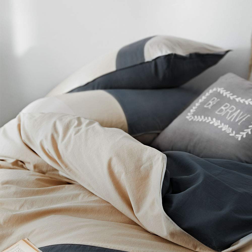 mixinni Super Soft Cotton 3 Piece Grey/Beige Striped Patchwork Queen/Full Duvet Cover Set with Zipper Ties,includes 1 Duvet Cover, 2 Shams