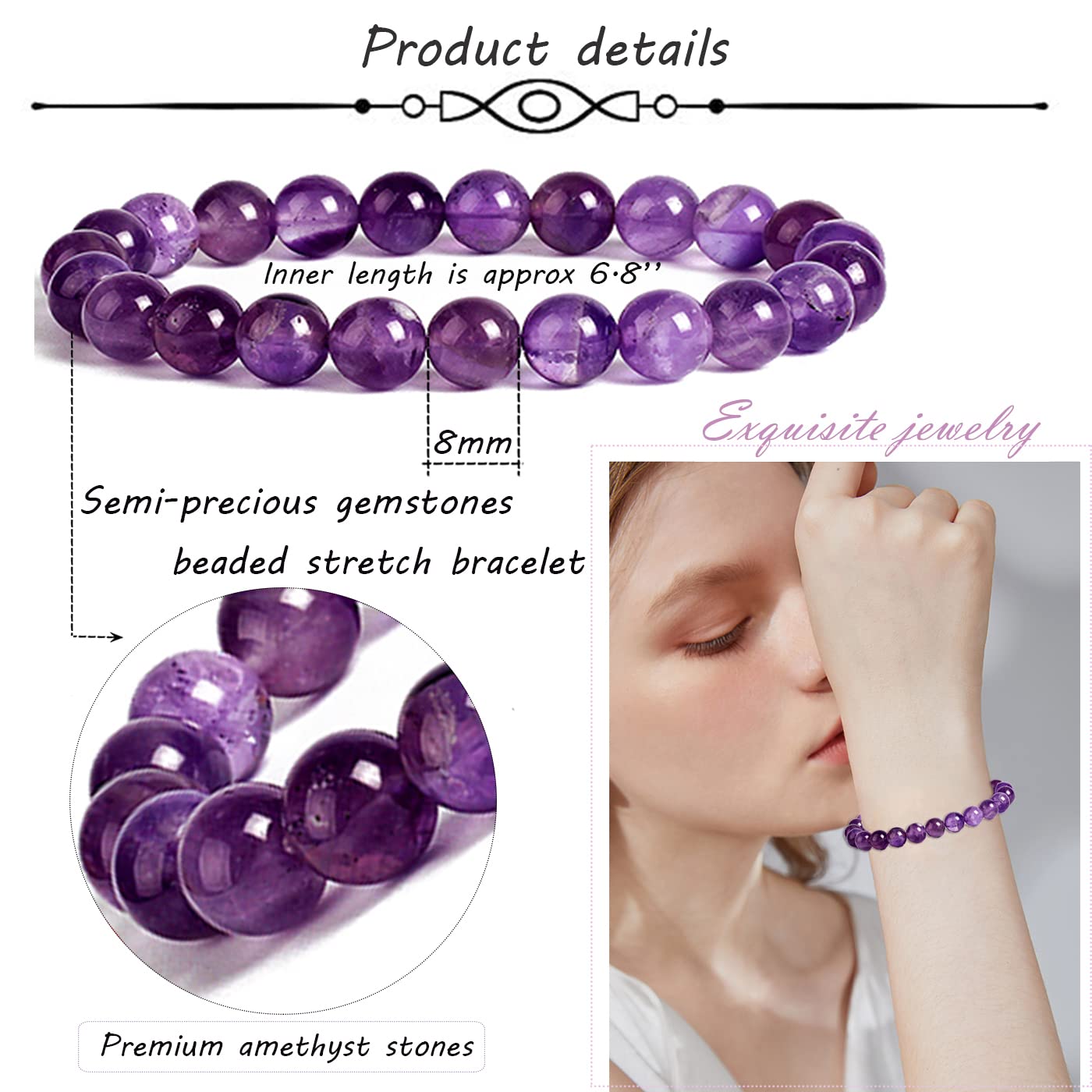 SAMOCO 12 Pcs 8mm Semi-precious Beaded Bracelets for Men Women Healing Stretch Round Bead Crystal Gemstones Bracelets Unisex