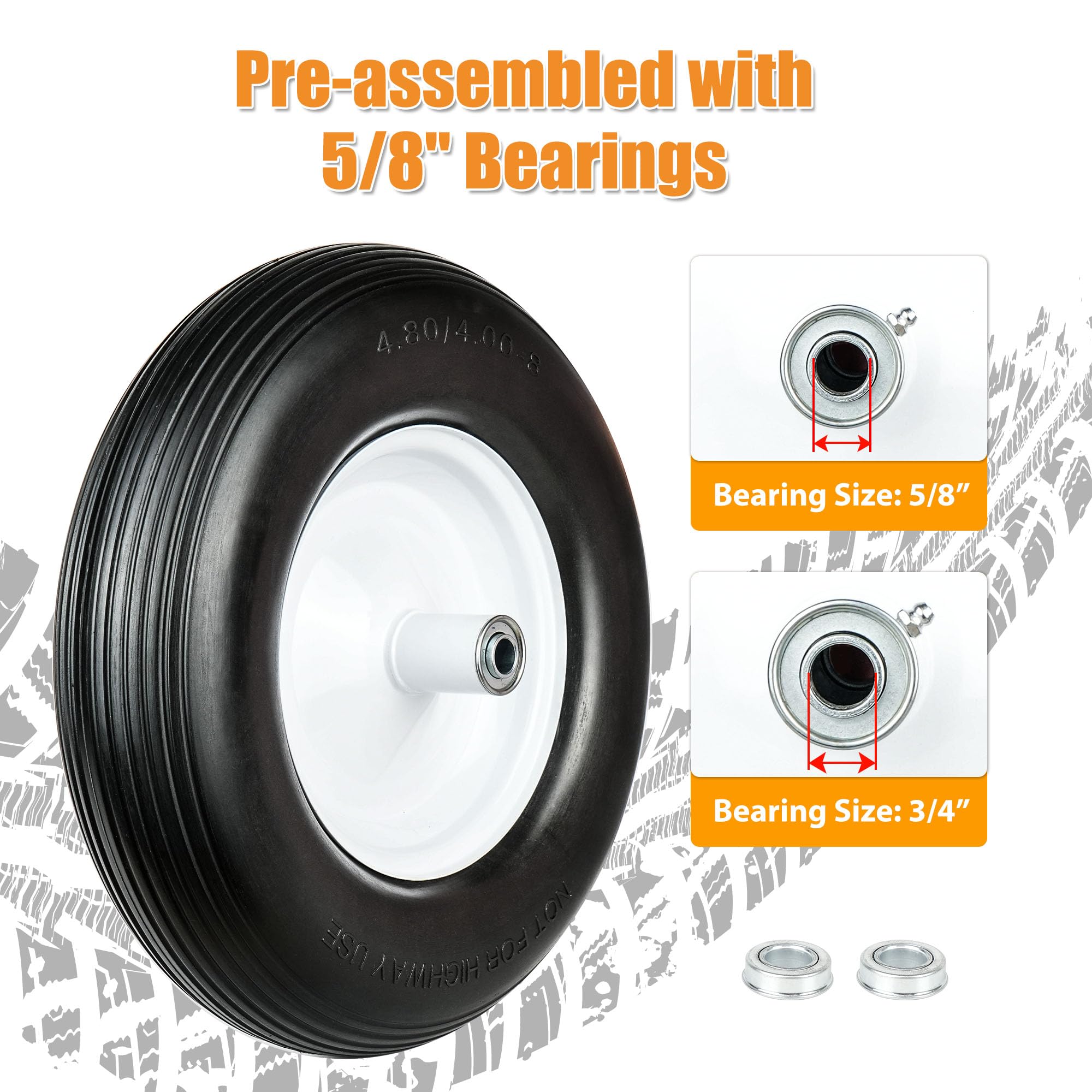 LotFancy 4.80/4.00-8” Flat Free Tire and Wheel, 16” Wheelbarrow Tire, 6” Centered Hub, 5/8” or 3/4” Bearings, Replacement for Wheelbarrows, Garden and Utility Carts, Trolleys, Wagon