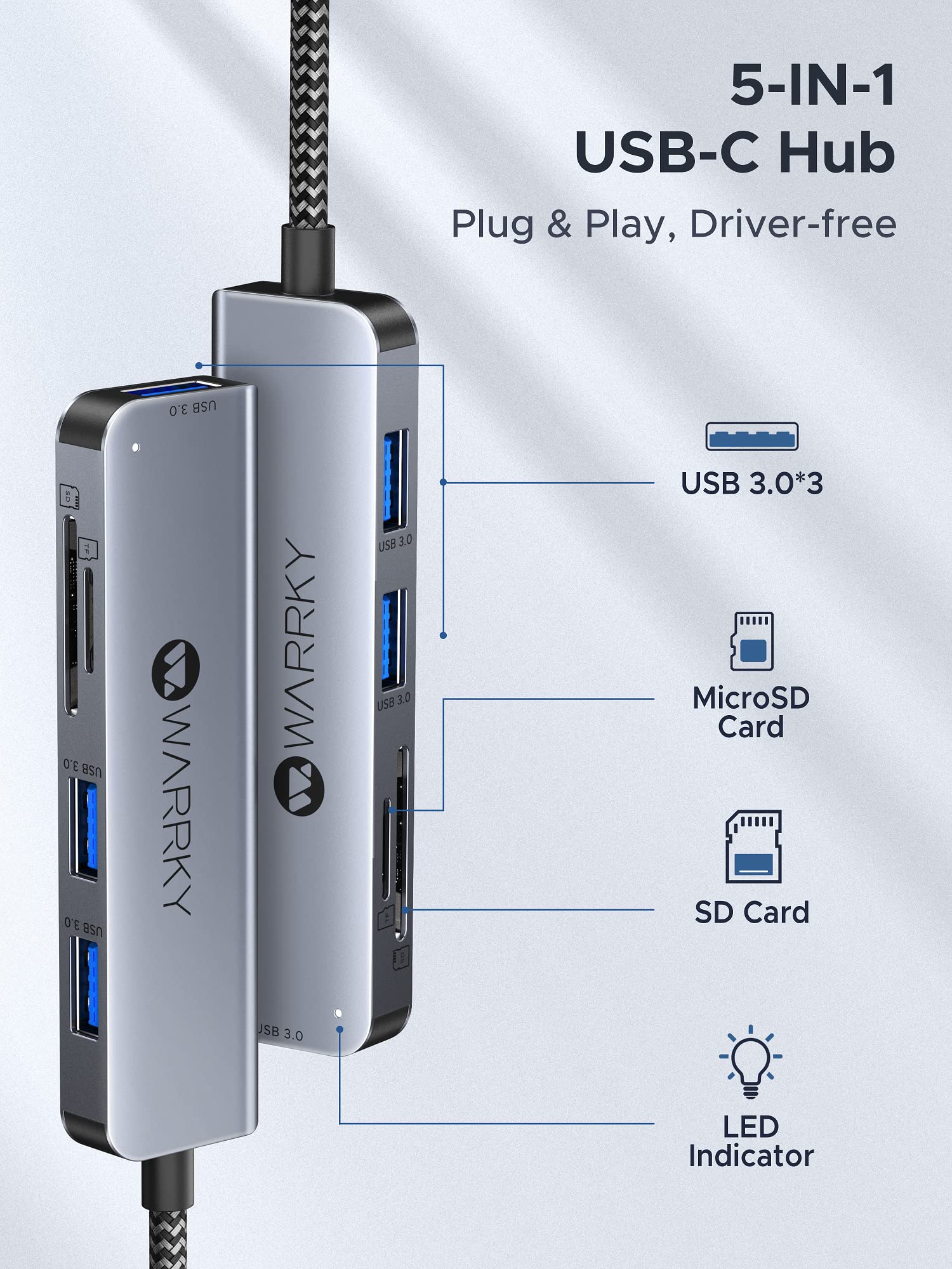 WARRKY USB C Hub, 5 in 1 SD/Micro SD Card Reader Adapter [Read 5 Ports Simultaneously, 3 Highspeed USB 3.0] 2TB Capacity OTG Compatible with iPhone 15 Pro, Samsung Galaxy, MacBook Pro/Air, iPad -Gray