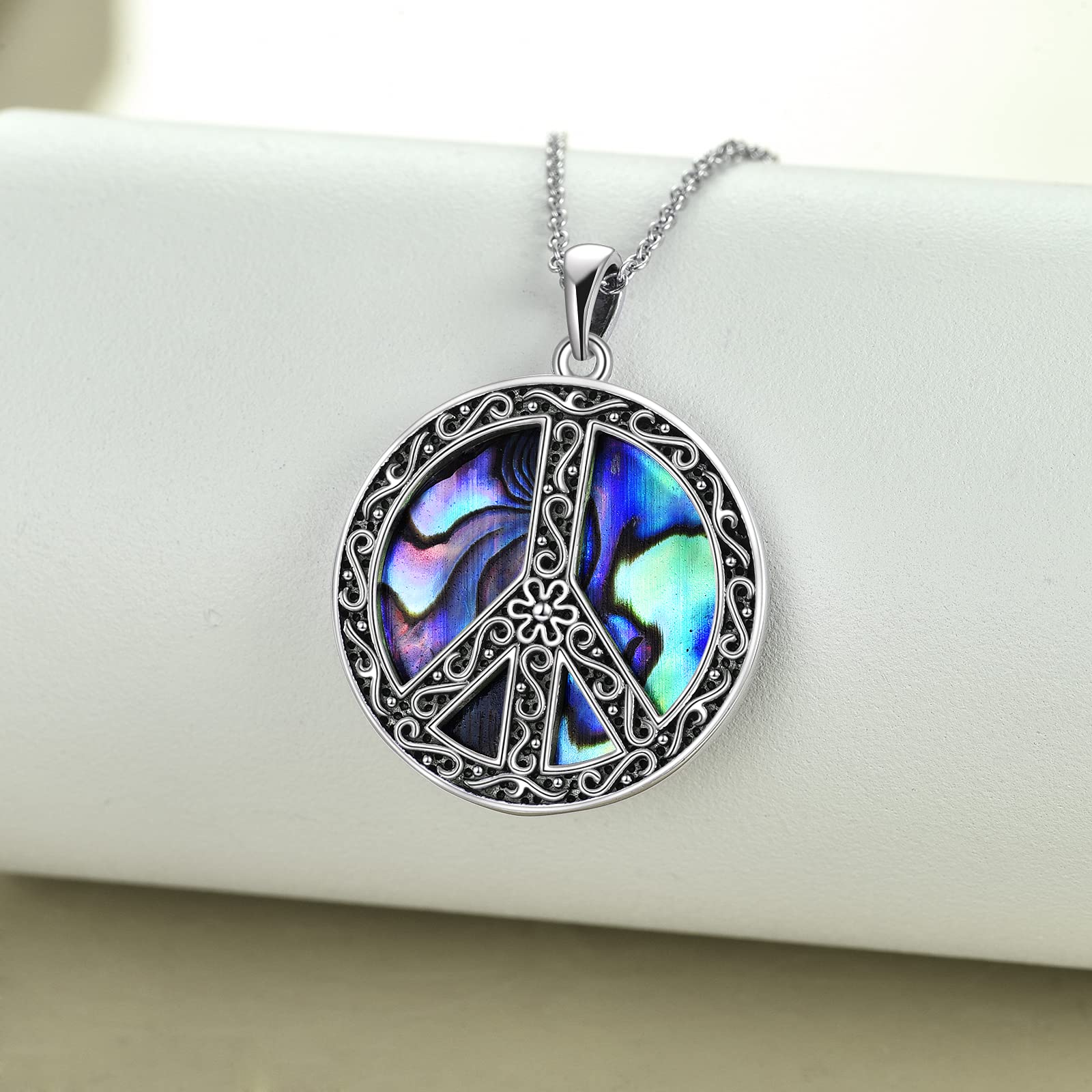 POPLYKE Peace Sign Hippie Pendant Necklace Sterling Silver Abalone Filigree Flower Jewelry For Women