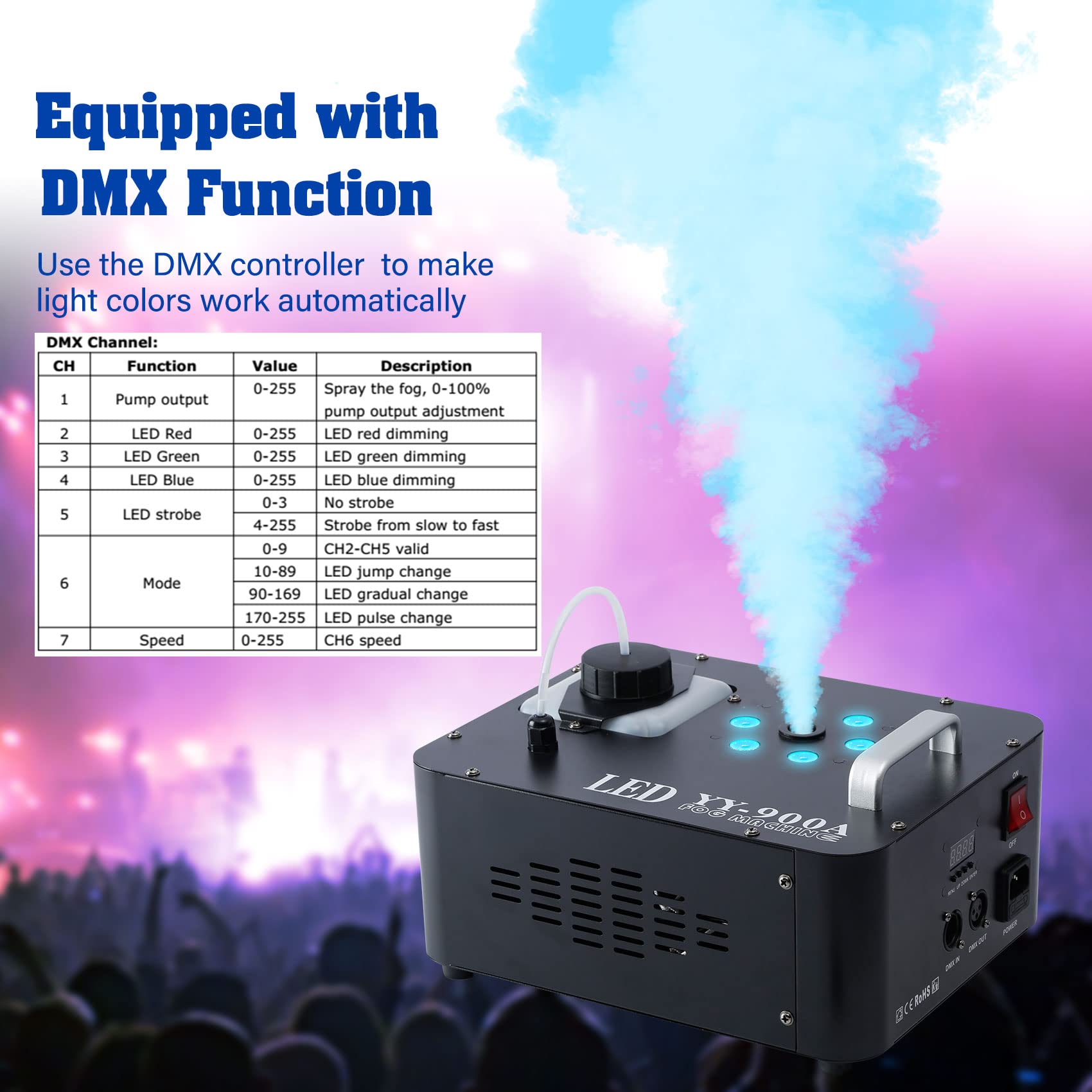 TCFUNDY 900W Fog Machine DMX 6 LED Lights RGB Smoke Machine Vertical Spray W/Remote for Halloween Wedding Party DJ Lighting Stage Effect