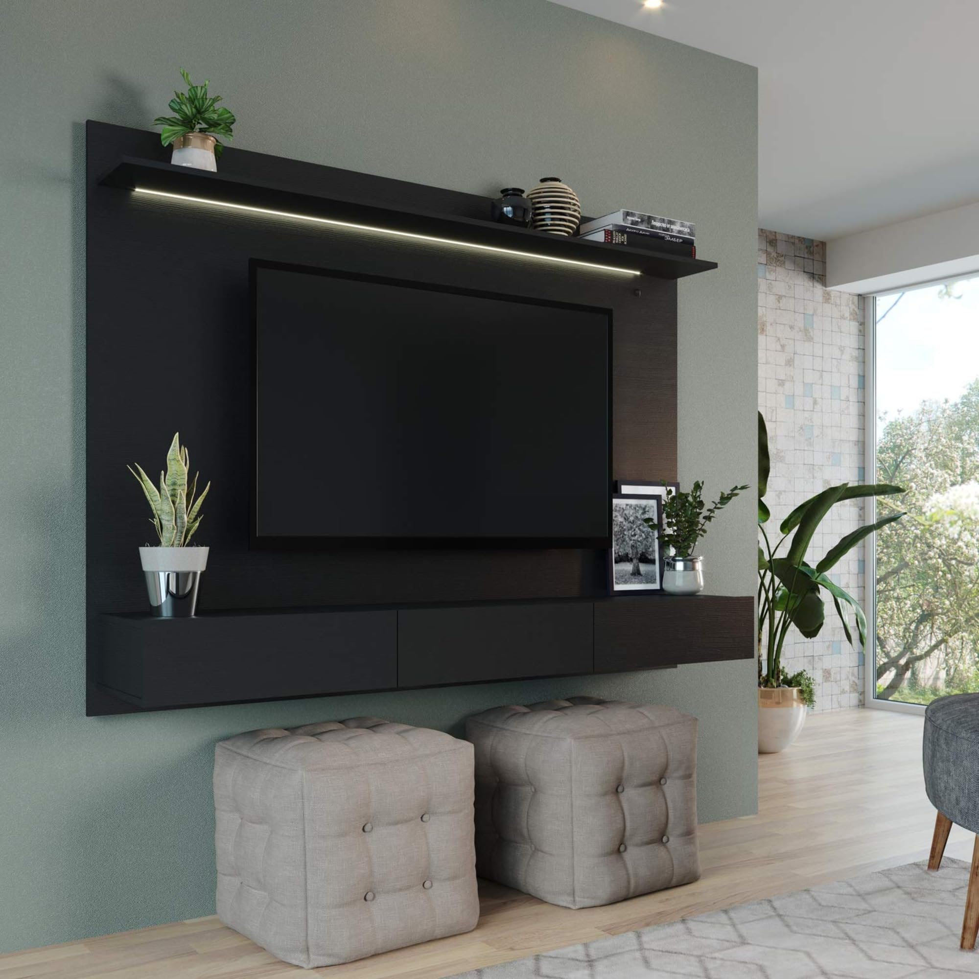 Naomi Home Bliss Modern Freestanding Wall Mounted Entertainment Center Floating TV Wall Panel for 70 inch TVs, Home Theater with LED Strip, Pull-Out Drawers and Overhead Shelf – Black, Solid Pine Wood