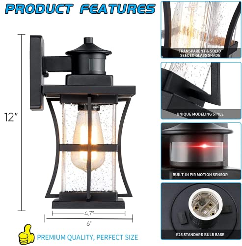 Motion Sensor Outdoor Wall Lights Fixture, Advanced Dusk to Dawn Exterior Lighting, Outside Light for House, Garage, Anti-Rust Waterproof Front Porch Lanterns Fixtures Wall Mount, Seeded Glass, Black