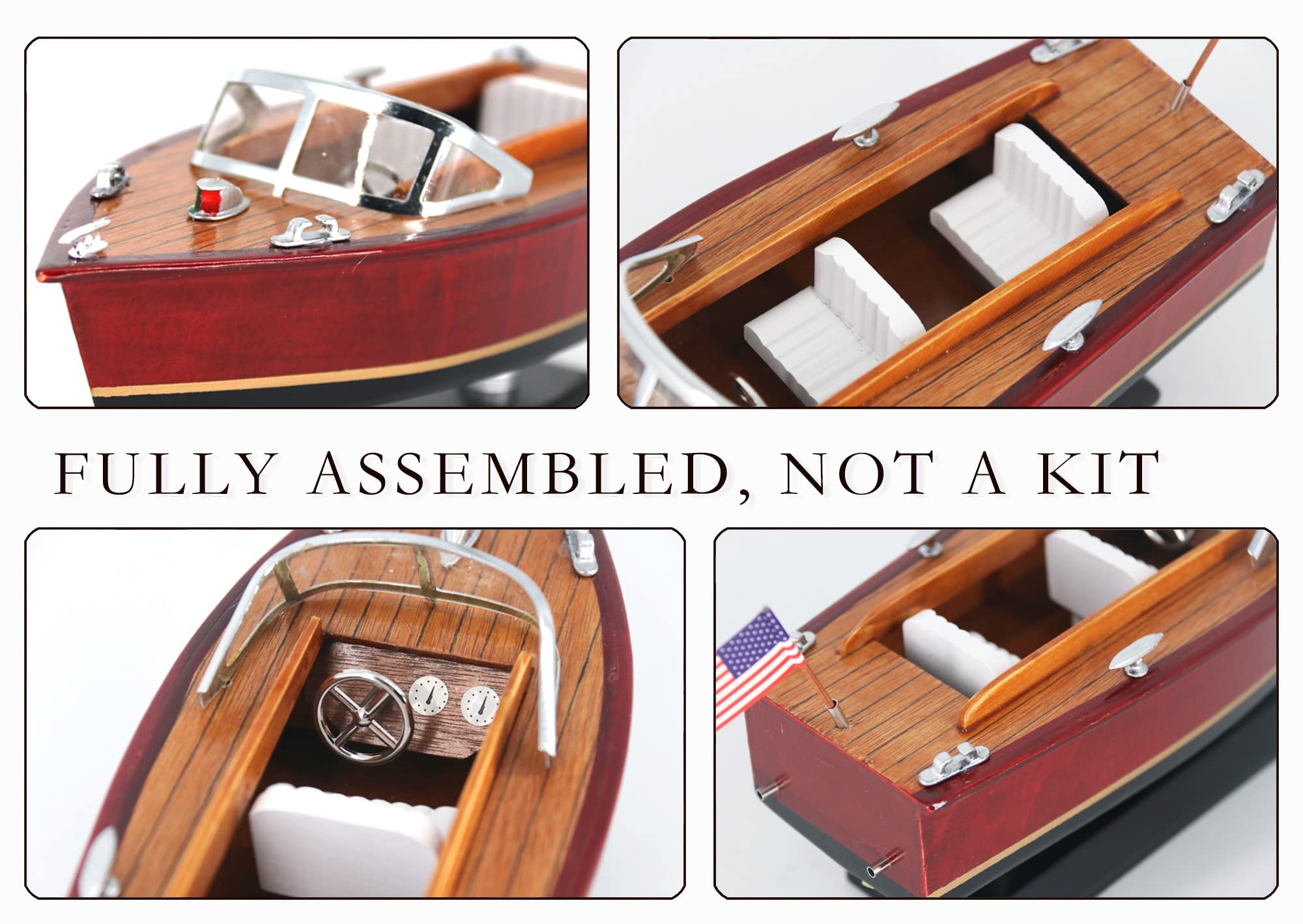 NAUTIMALL 10" Wooden Speedboat Model Ship Sailing runabout 1/27 Scale Replica Nautical Decoration (10β, Burgundy)