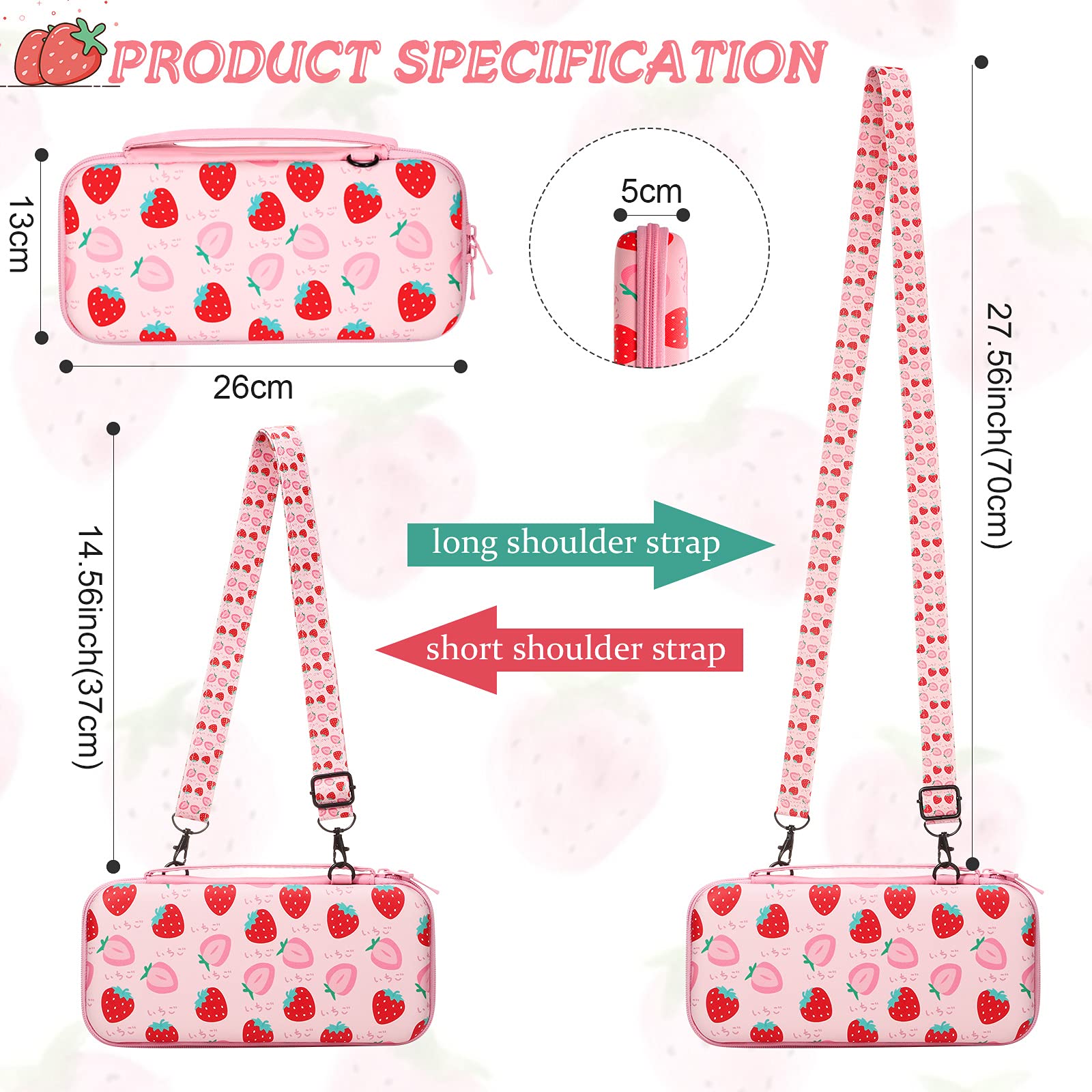 Pink Strawberry Pattern Protective Case and Carrying Case Compatible with Nintendo Switch, Soft Slim Case Cover for Console and Controllers, Hard Shell Travel Carrying Bag with 12 Game Card Slots