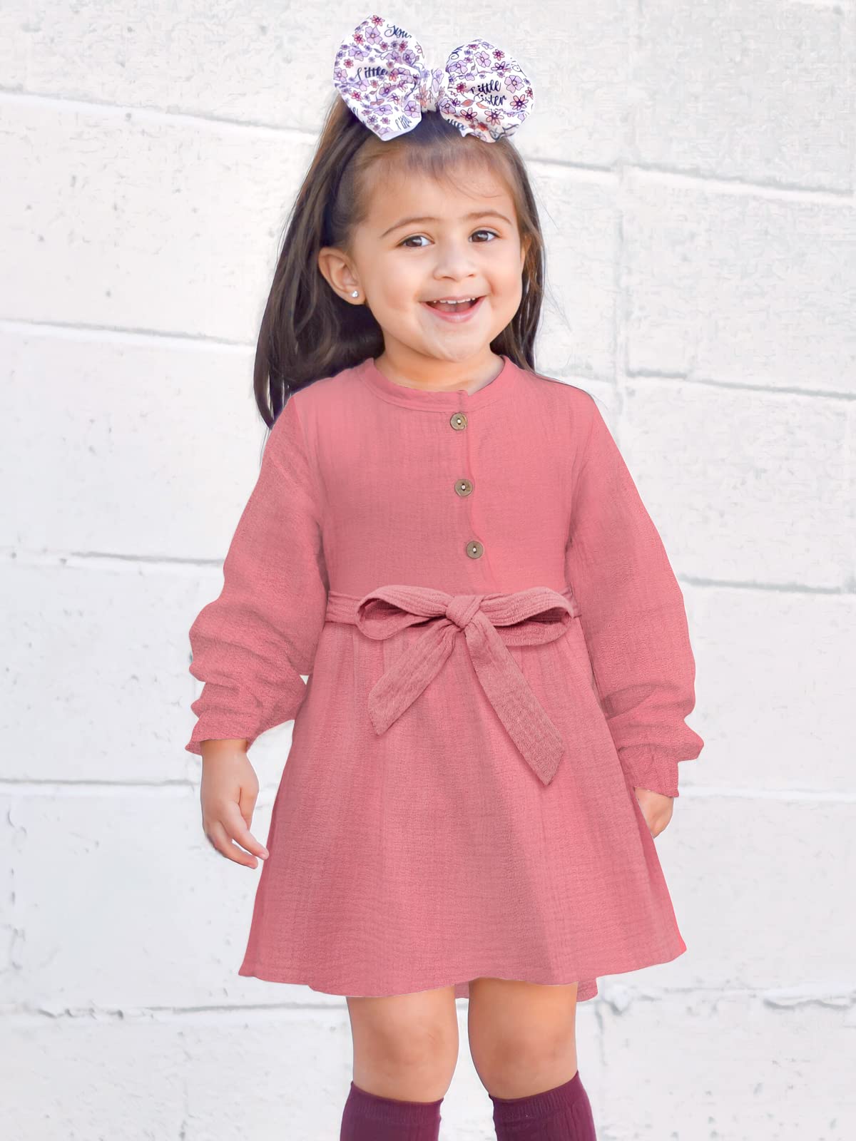 Toddler Pink Dress Long Sleeve Dress Size 4 5 Cotton Linen Plain Button Down Vintage Dresses Tea Party Bow Belt Spring Fall Dresses 4T 5T