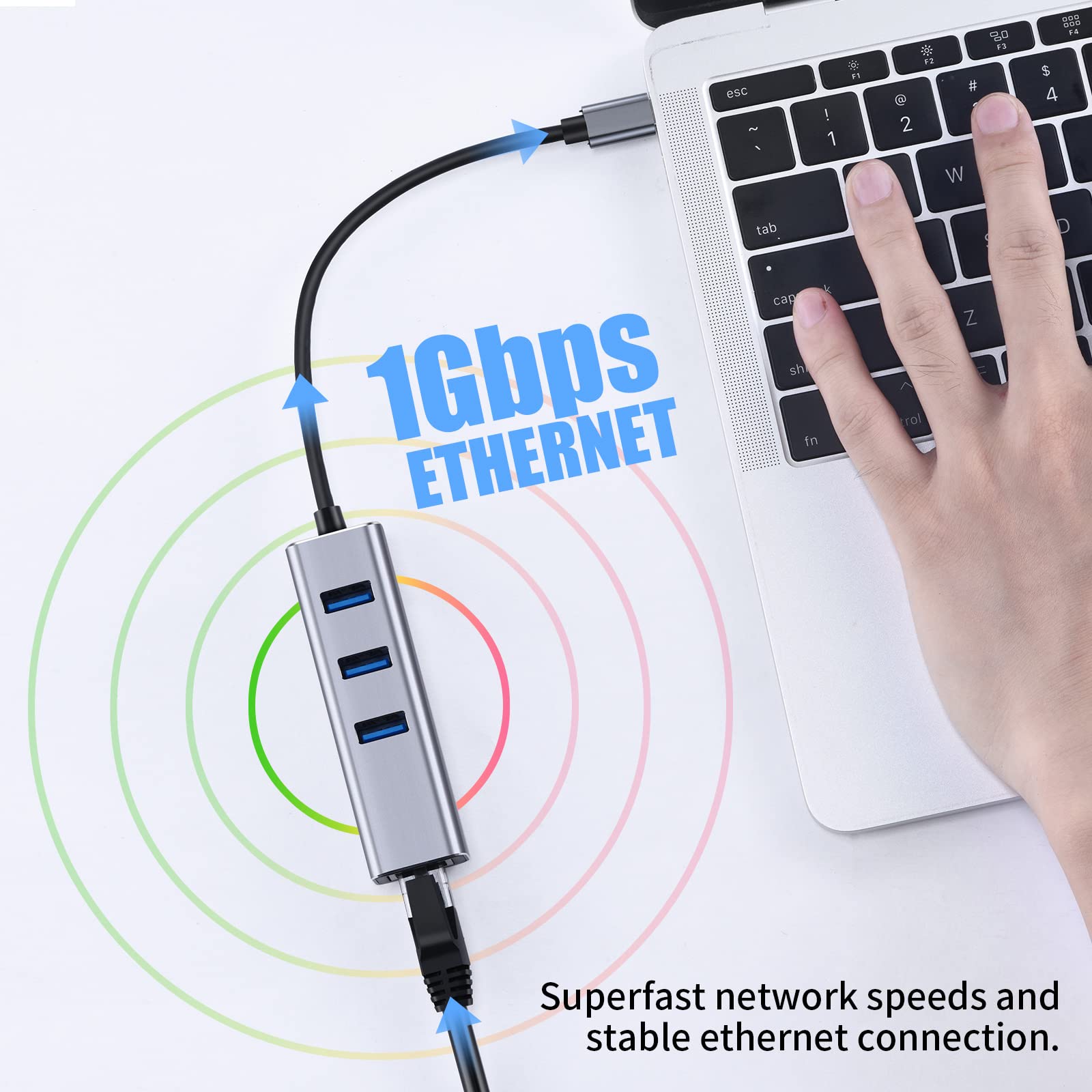 USB 3.0 to Ethernet Adapter 3 Port USB 3.0 Hub with RJ45 10/100/1000 Gigabit Ethernet 4in1 Compatible for MacBook Pro 2021/2020/2019/2018/2017, MacBook Air, Dell XPS and More