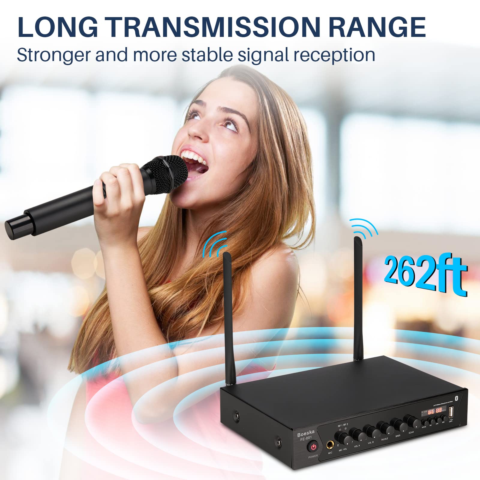 Wireless Microphone System UHF Dual Cordless Handheld Microphones Set for Home Karaoke, Singing, Speech, Party, Meeting, Church, 262ft Range (Black (w Battery))